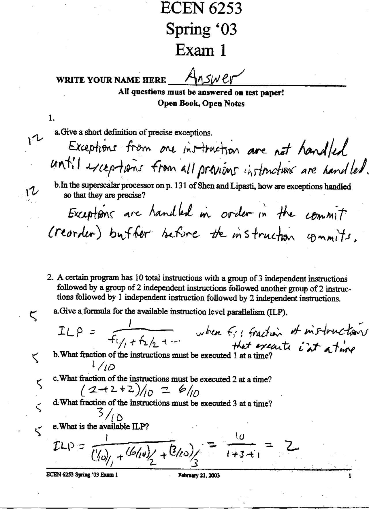 4 Solved Problems On Advanced Computer Architecture Exam 1 Ecen