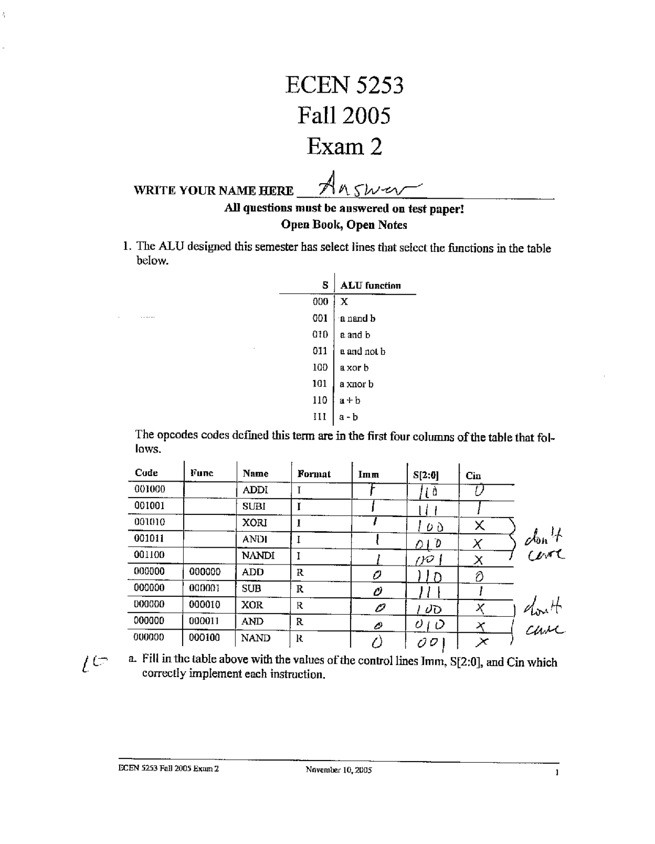 Digital Computer Design Exam 2 Answers Fall 2005 Ecen 5253 Docsity