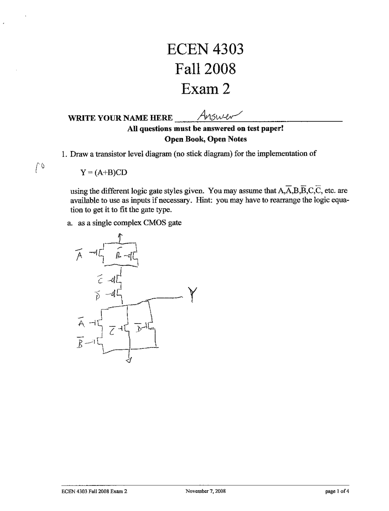 Solutions To Exam 2 Digital Electrical Circuit Design Ecen 4303