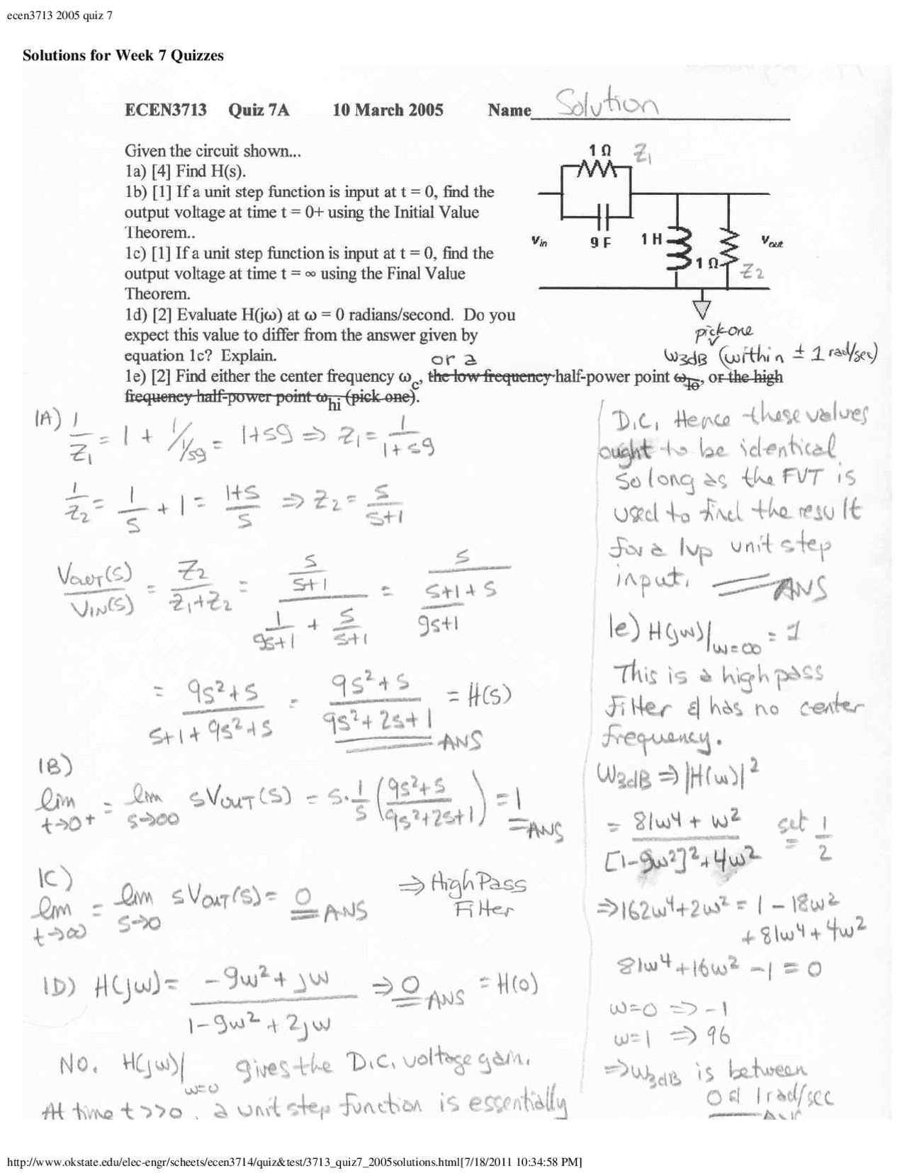 Solutions For Practice Quiz 7a Co Requisites Ecen 3713 Docsity