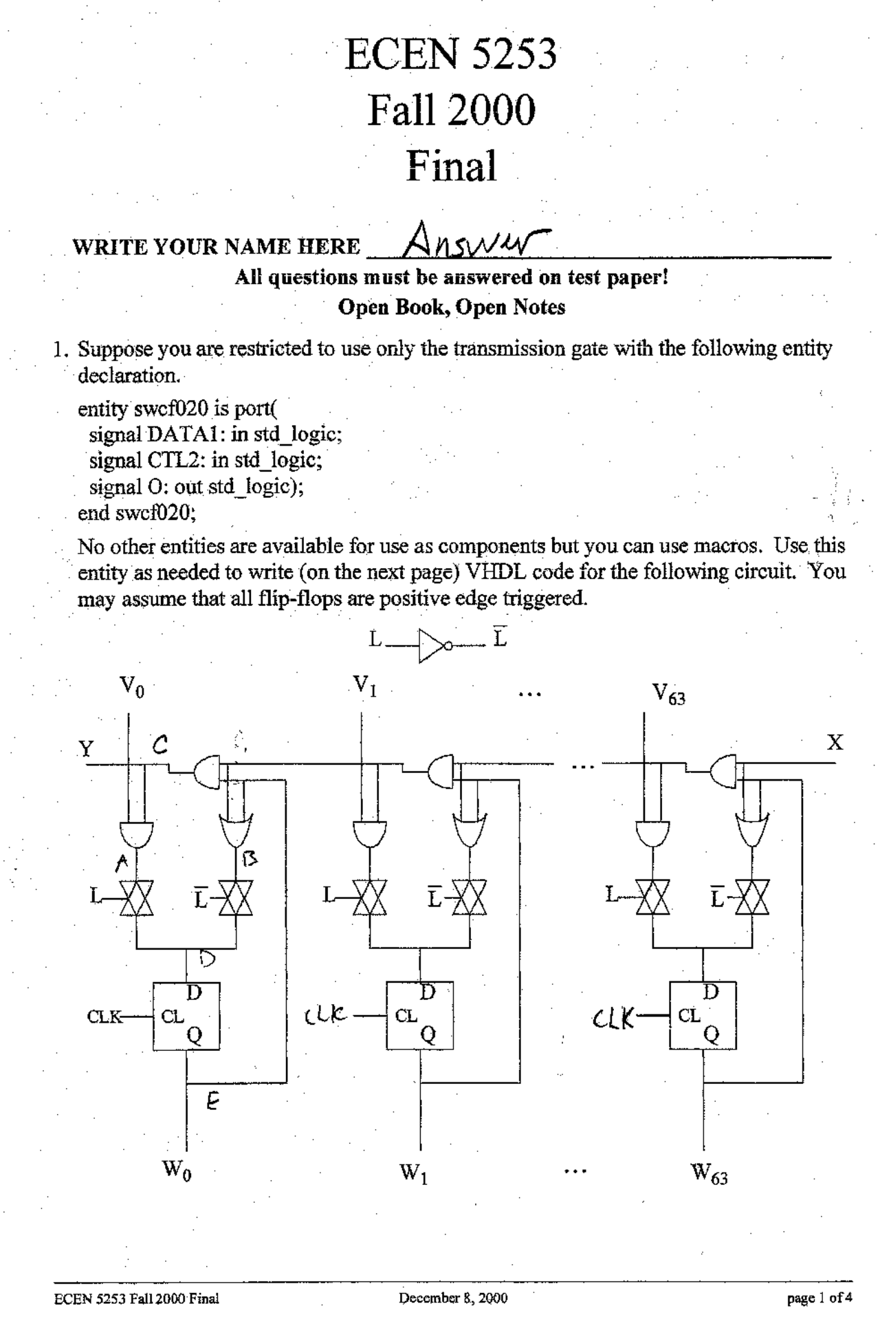 Old Final Examination With Answers Digital Computer Design Ecen