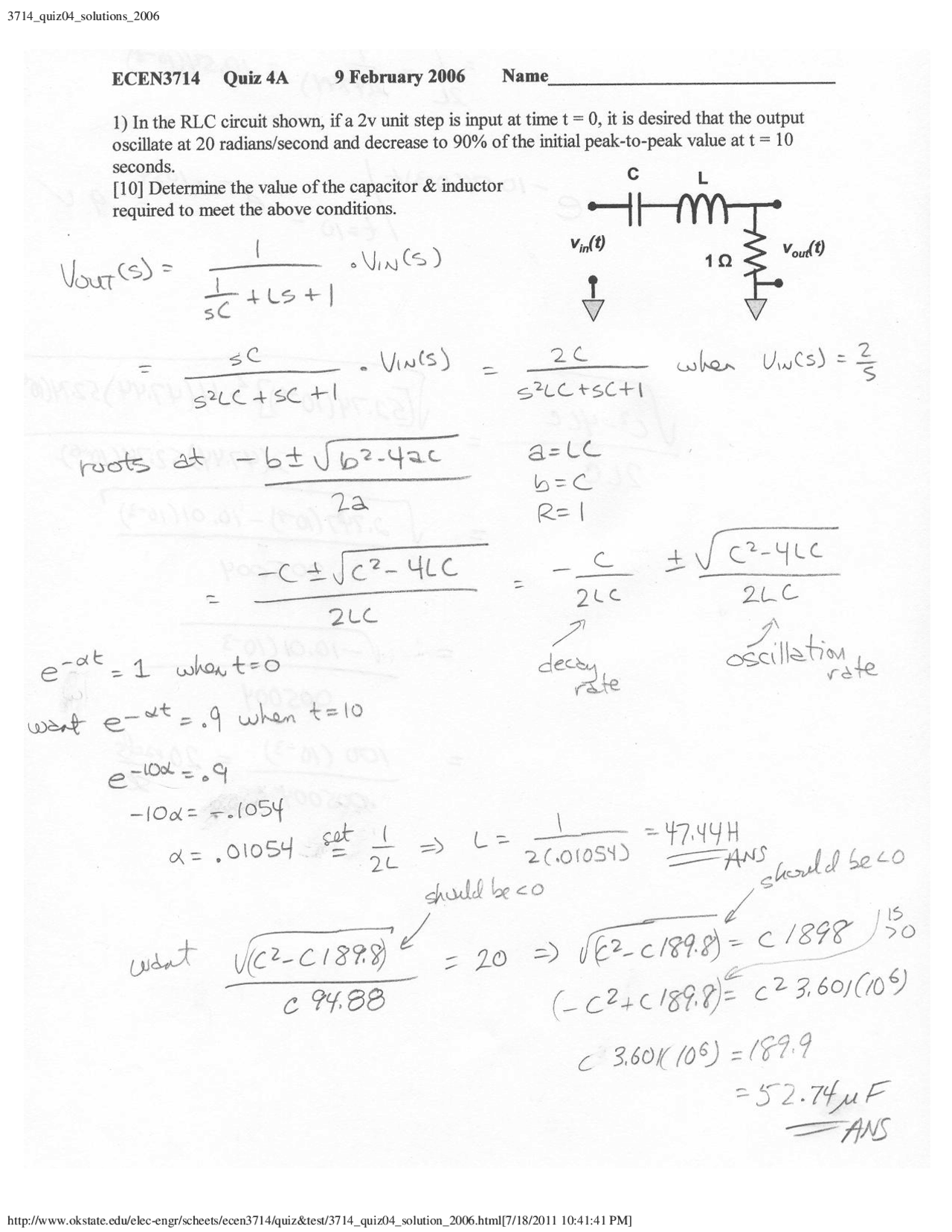 Determine Capacitor and Resistor - Problems with Solution - Quiz | ECEN 3714 - Docsity