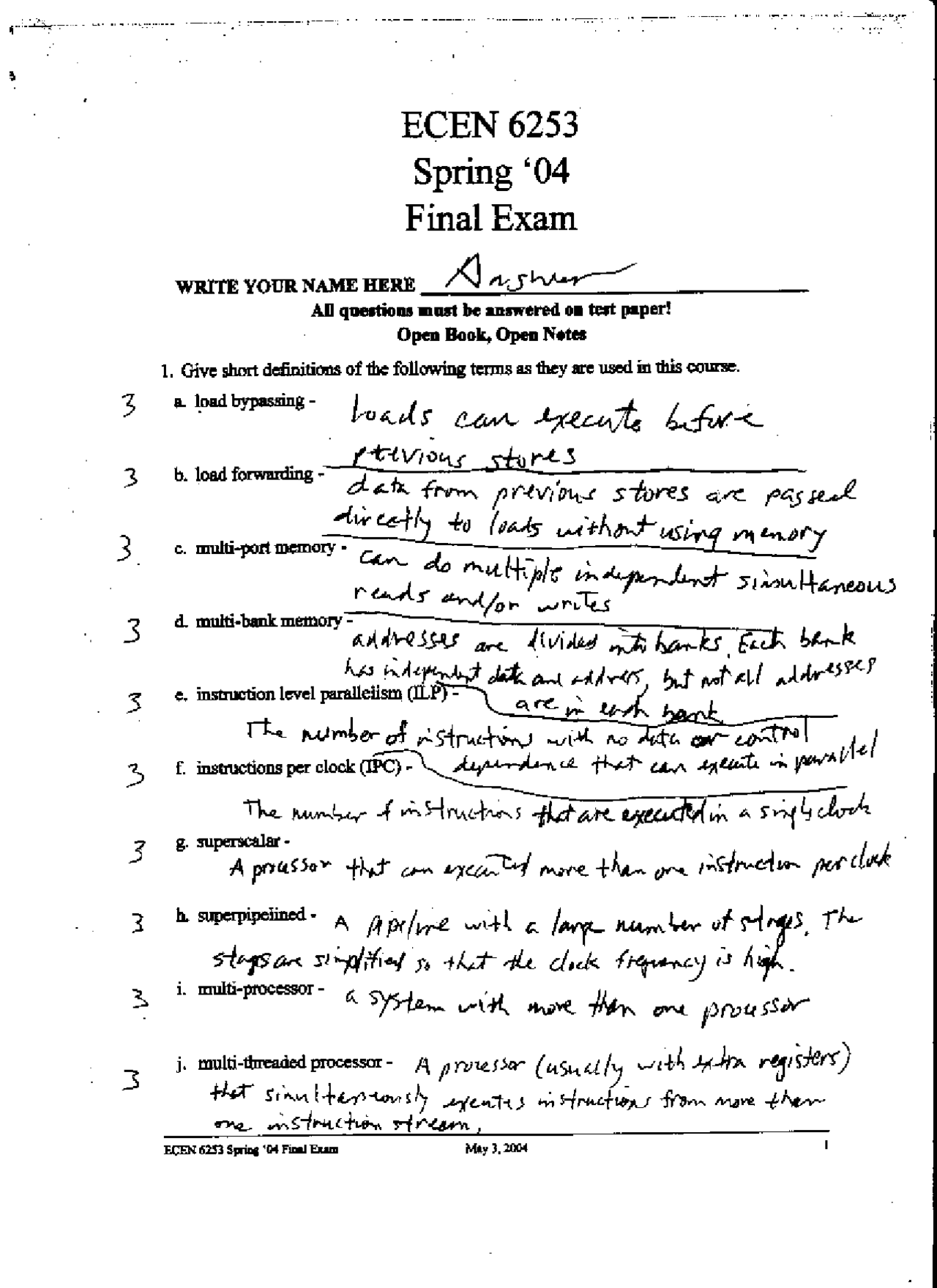 Solved Final Exam Advanced Computer Architecture Ecen 6253 Docsity