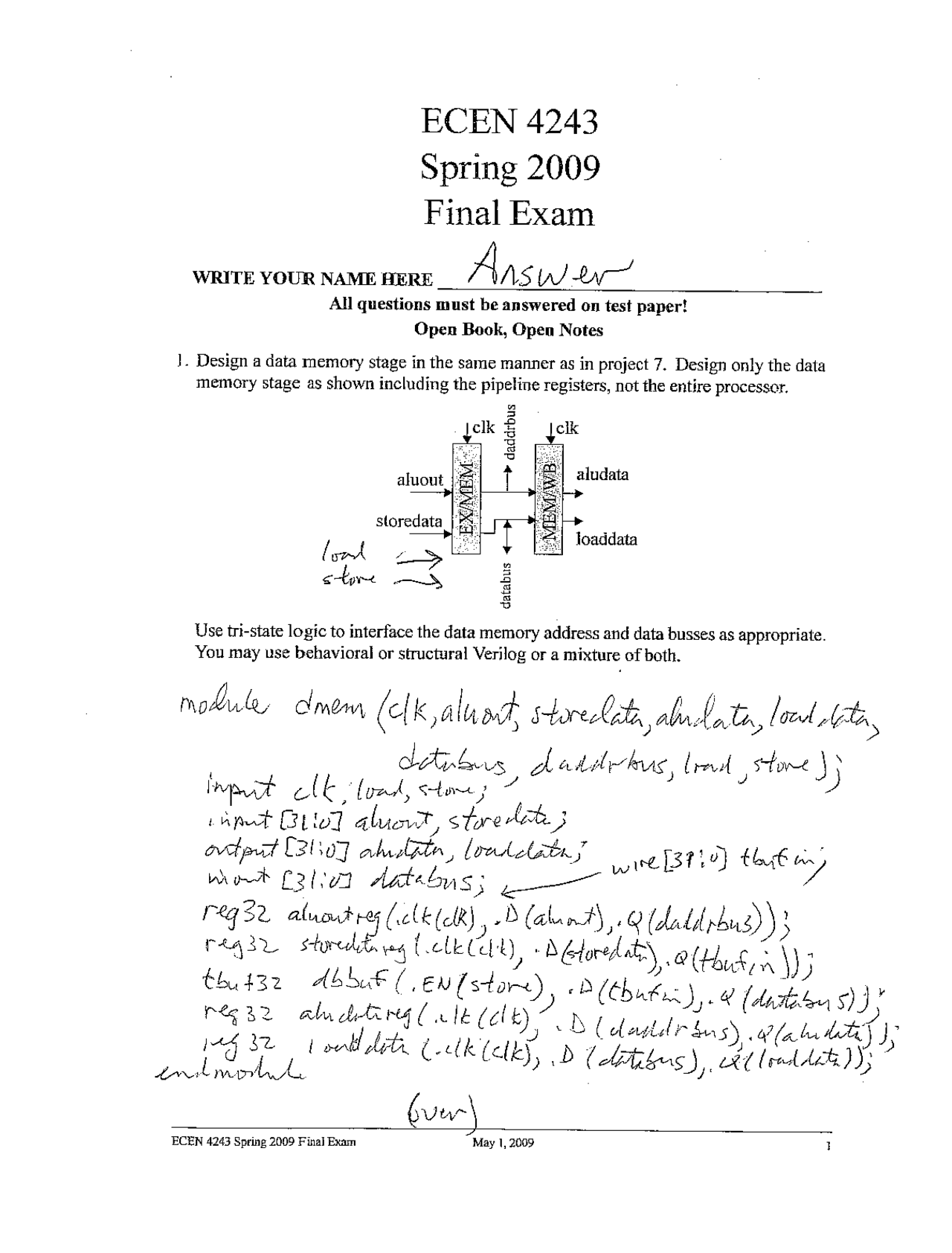 Final Exam With Answer Key Computer Architecture Spring 2009 Ecen