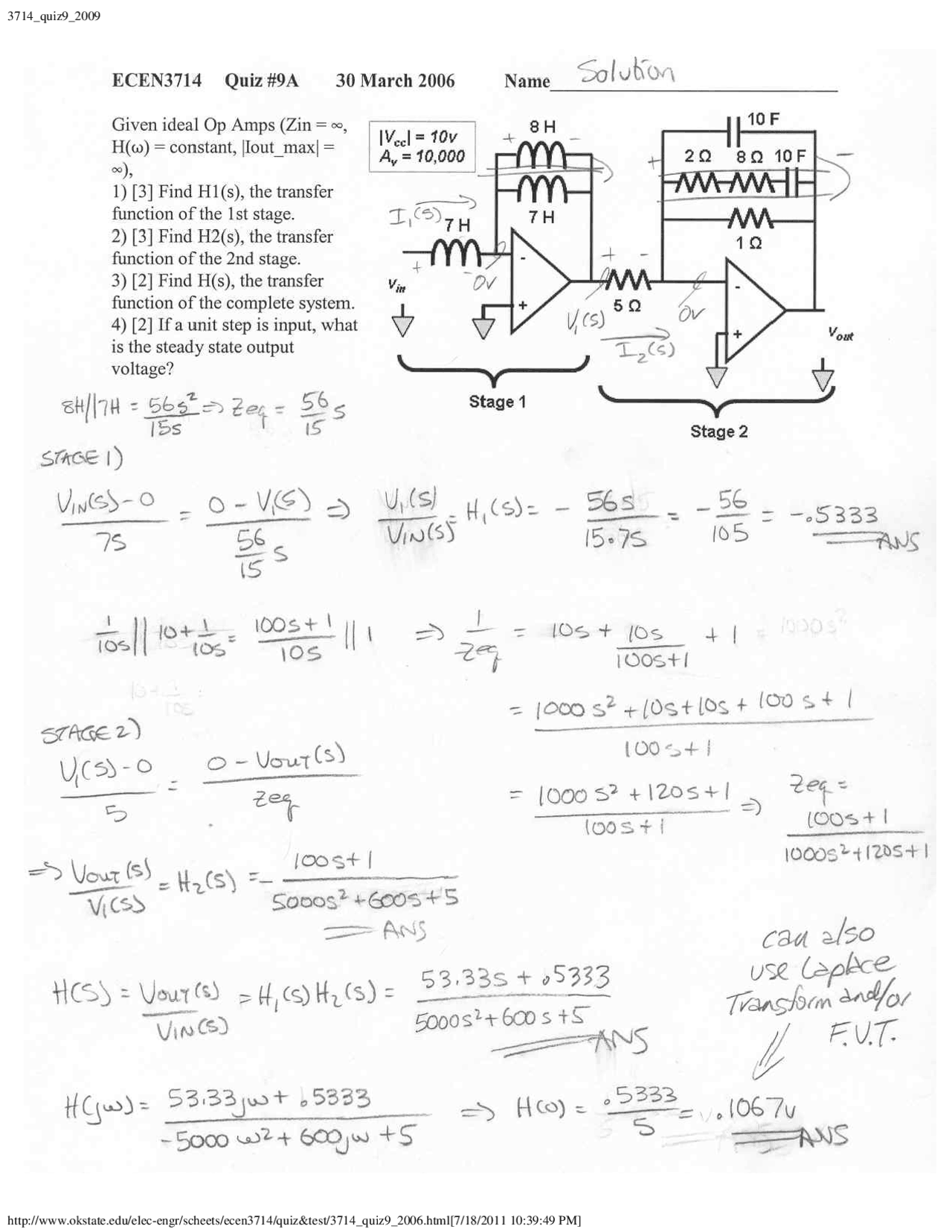Solutions To Quiz 9 Network Analysis Ecen 3714 Docsity