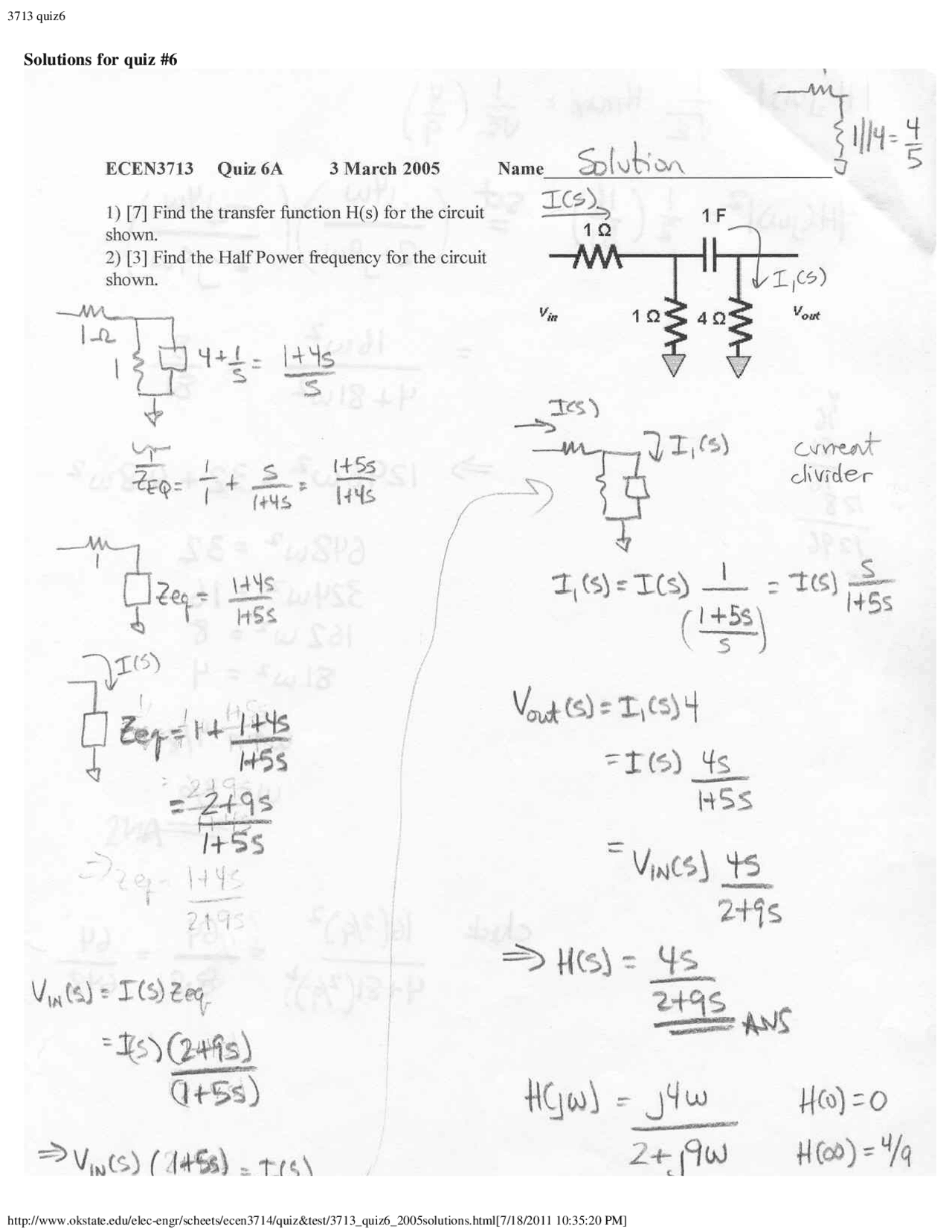 Solutions For Practice Quiz 6a Co Requisites Ecen 3713 Docsity
