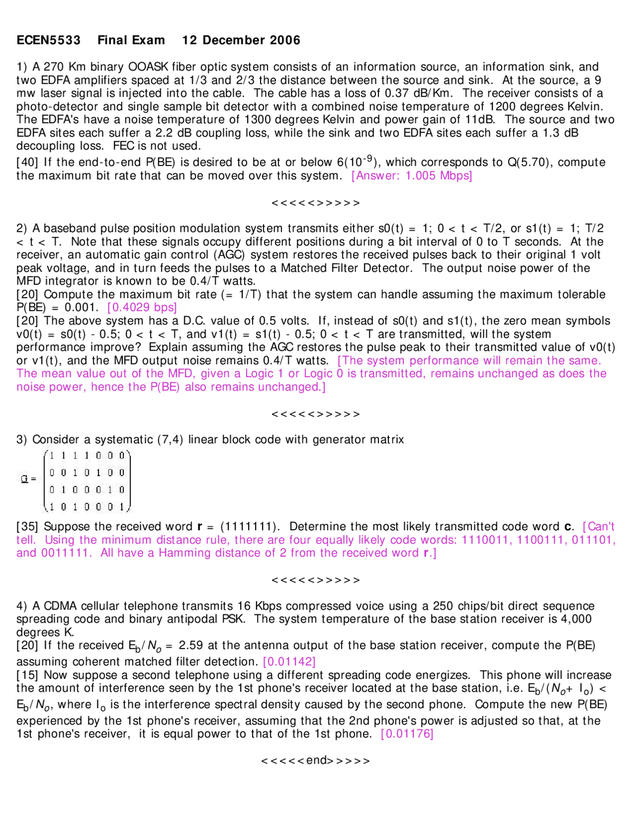 Questions Of Modern Communication Theory Final Exam Ecen 5533 Docsity