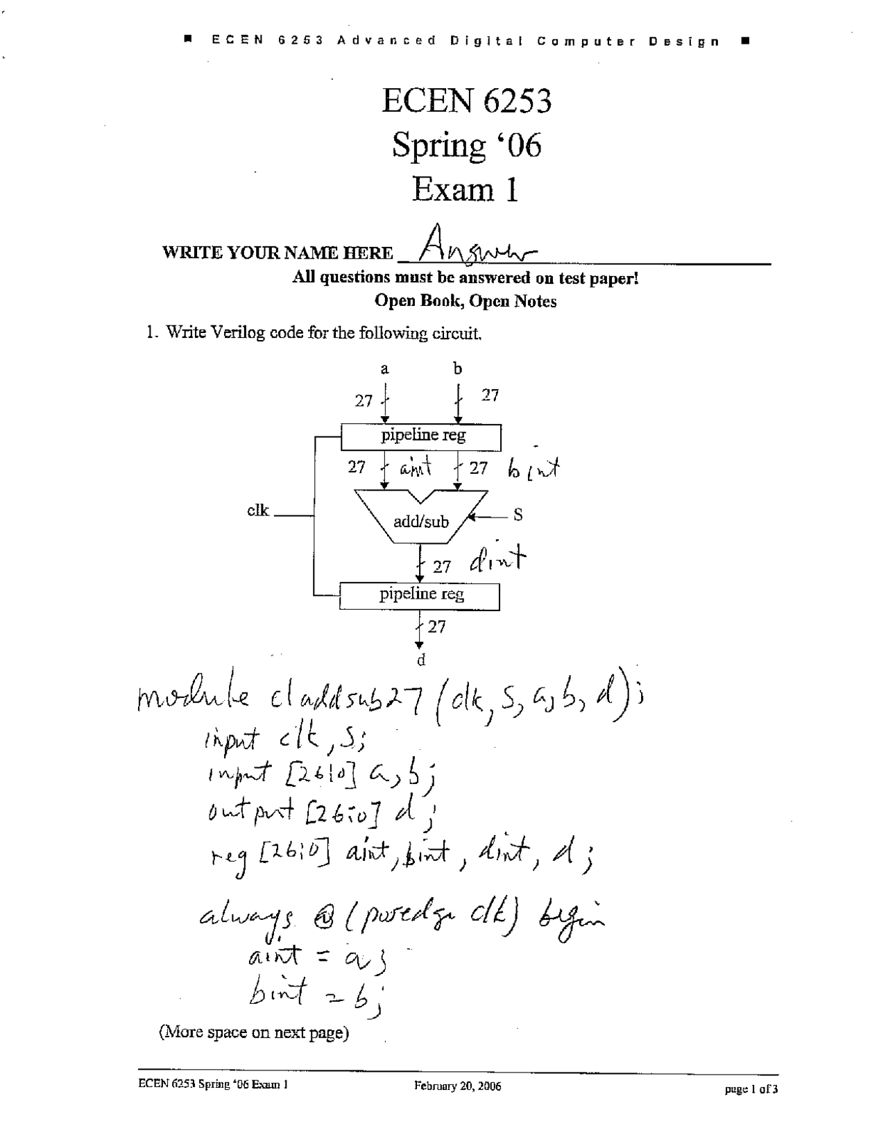 Exam 1 Fall Spring 2006 Advanced Topics In Computer Architecture