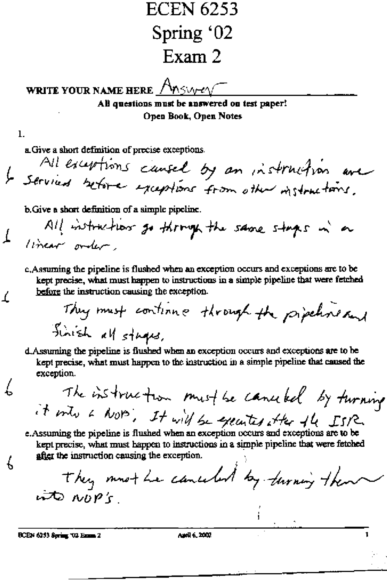Old Exam 2 With Answers Advanced Topics In Computer Architecture