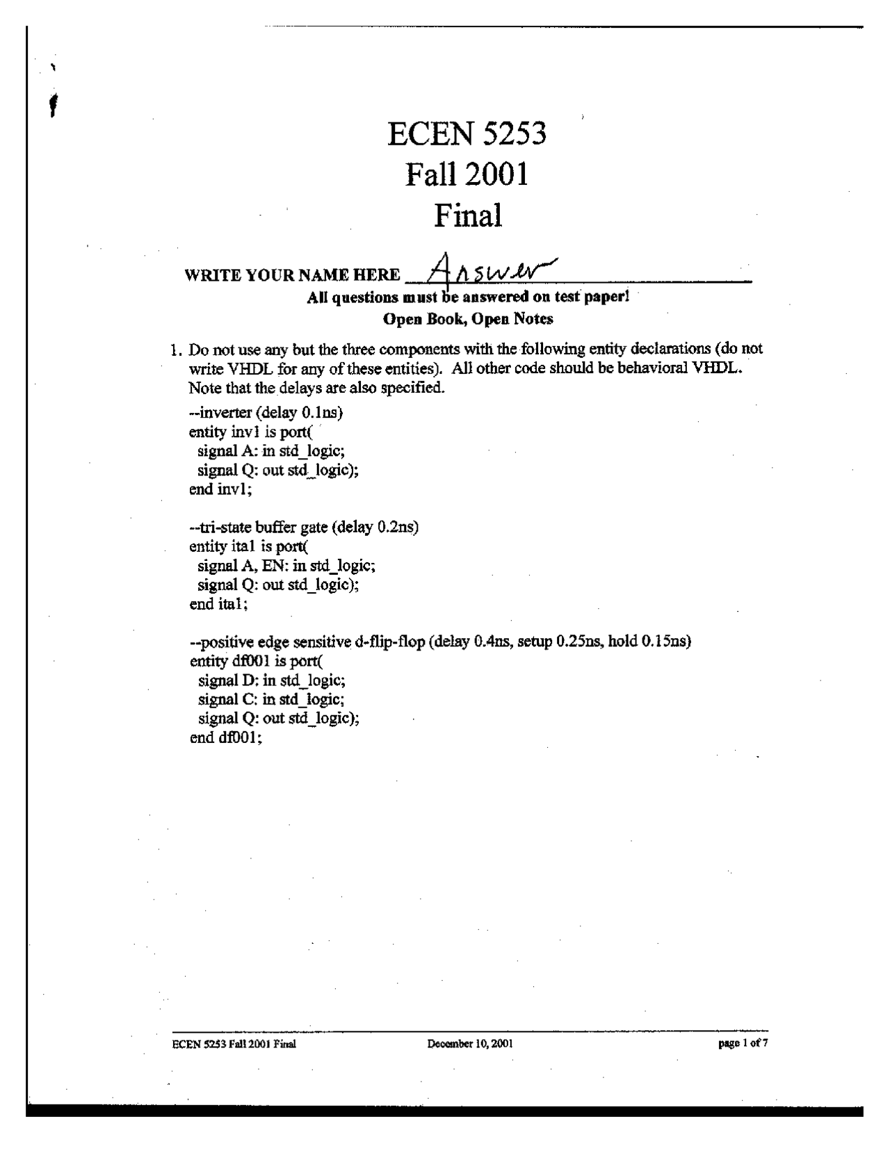 Digital Computer Design Past Final Exam With Answers Ecen 5253