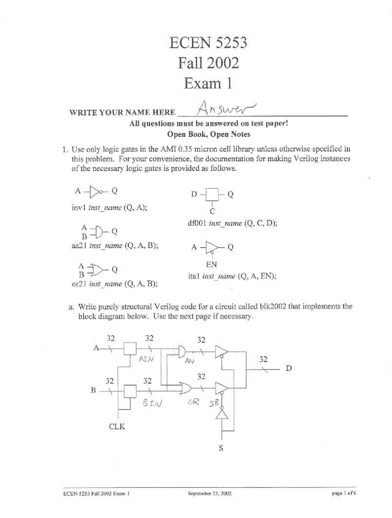 Exam 1 With Solution For Digital Computing Design Ecen 5253 Docsity