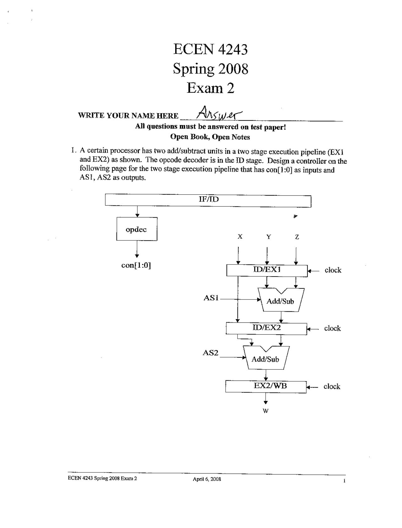 Old Exam 2 With Answers Computer Architecture Ecen 4243 Docsity