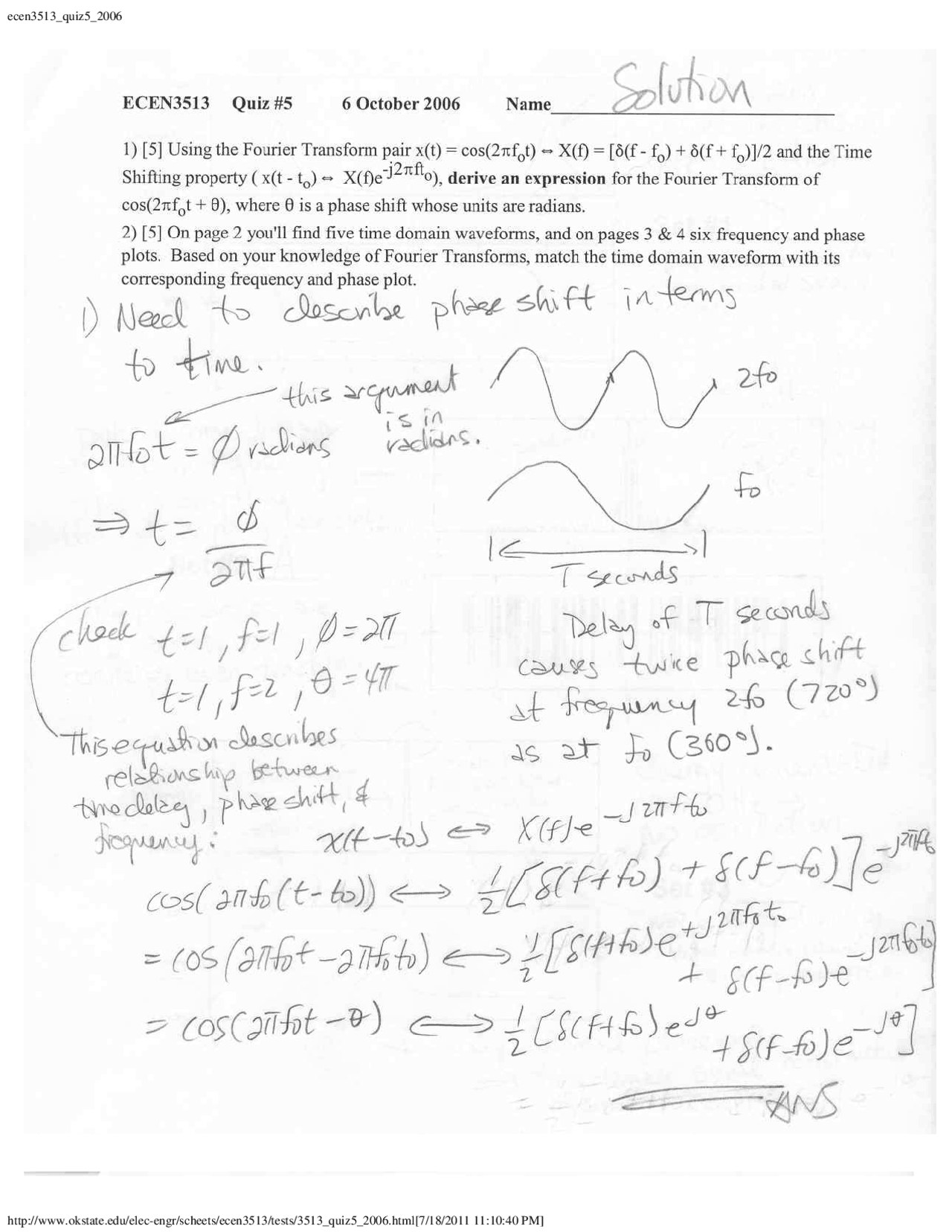 Quiz 5 With Solution For Signal Analysis Ecen 3513 Docsity