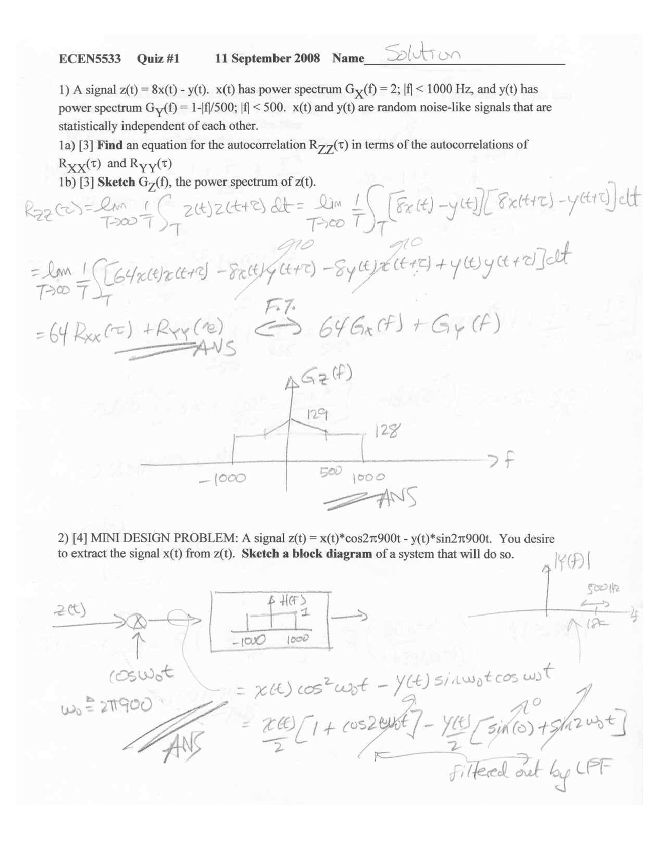 Solved Quiz 1 For Modern Communication Theory Ecen 5533 Docsity