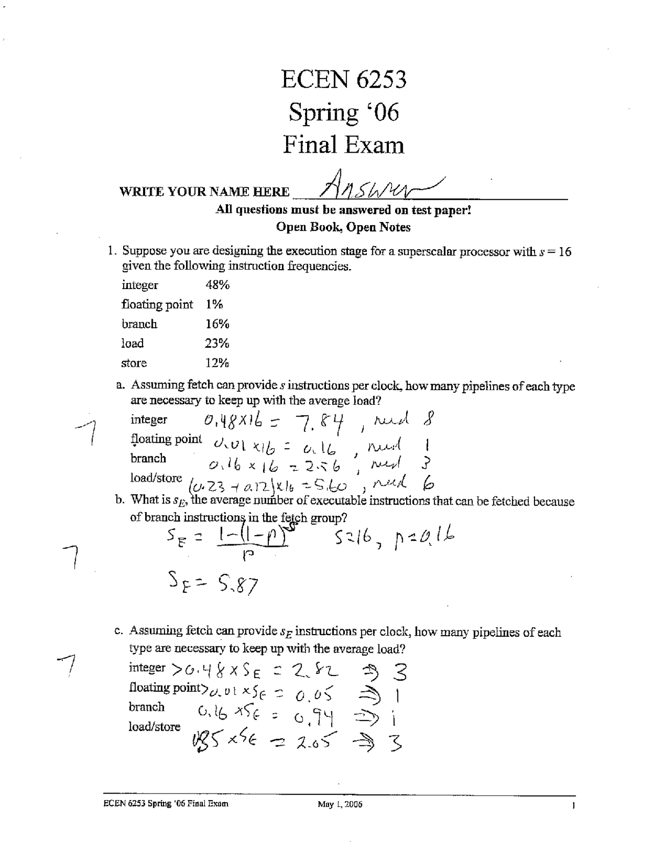 Final Exam With Answers Advanced Topics In Computer Architecture
