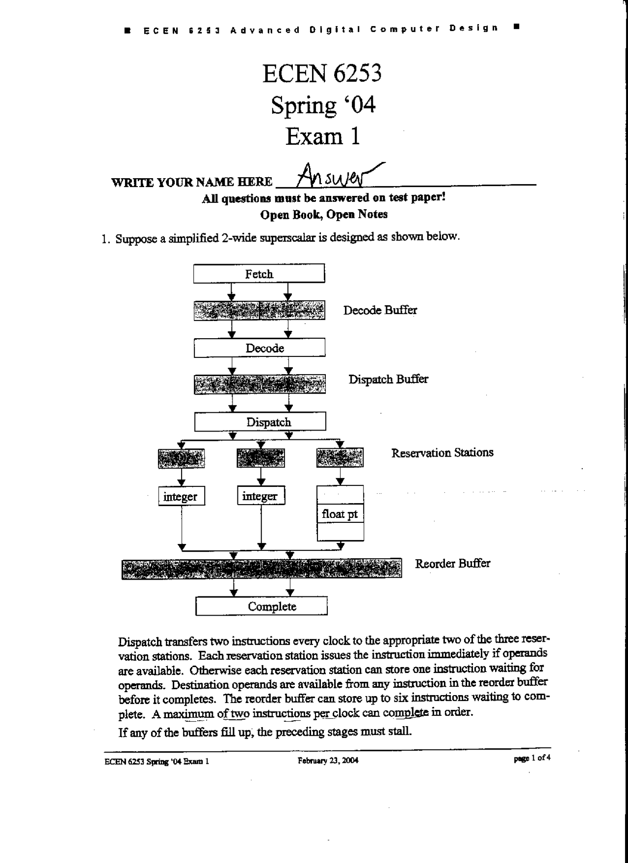 Exam 1 Questions With Solutions Advanced Computer Architecture Ecen