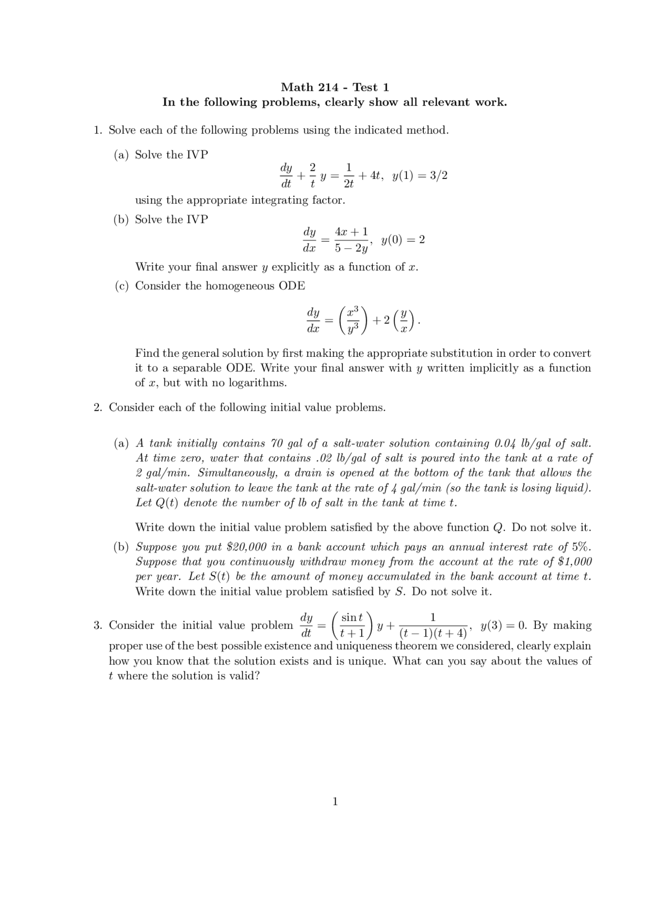 Questions For Test 1 Elementary Differential Equations Math 214