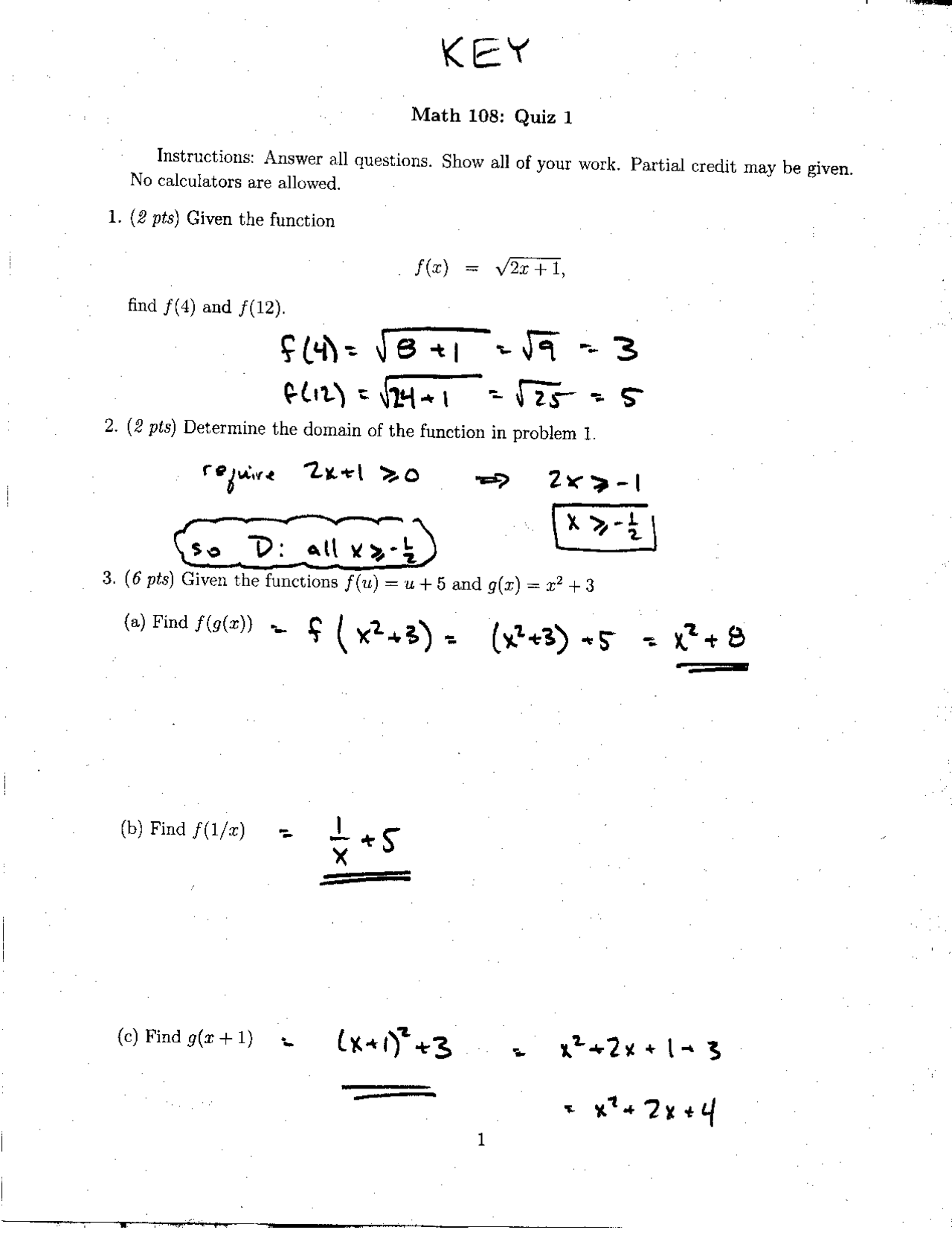 Quiz With Key For Introduction To Calculus Math 108 Docsity