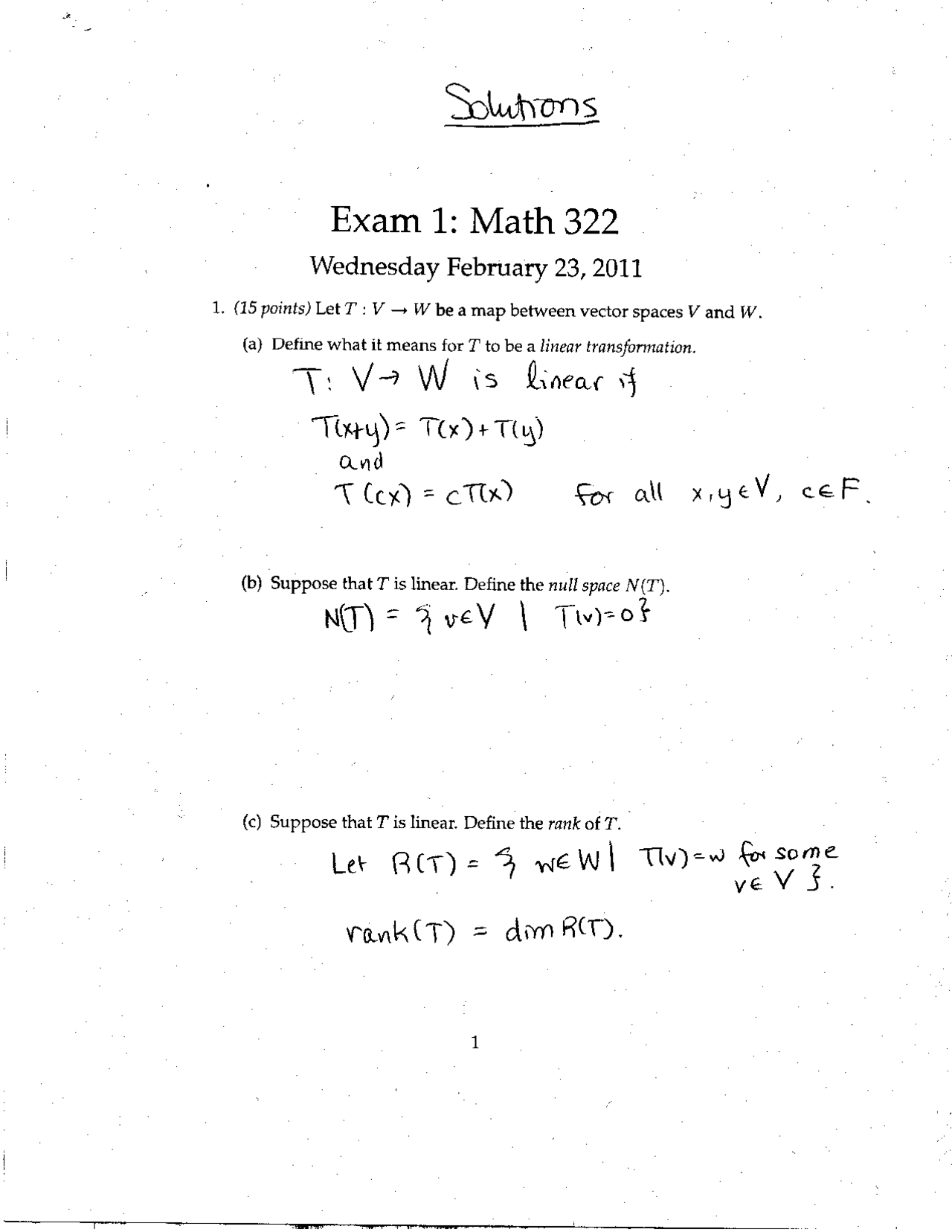 5 Solved Problems On Advanced Linear Algebra Exam 1 Math 322 Docsity