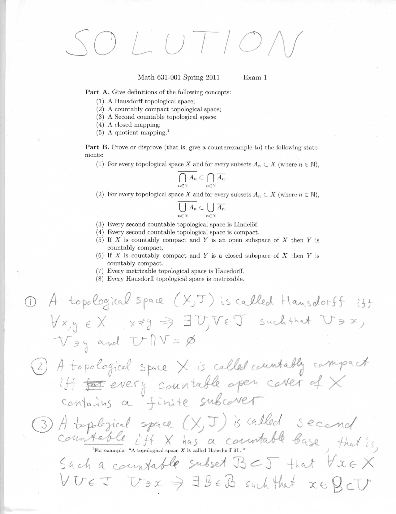 Exam 1 With Solutions Topology I Topology Of Metric Spaces Math