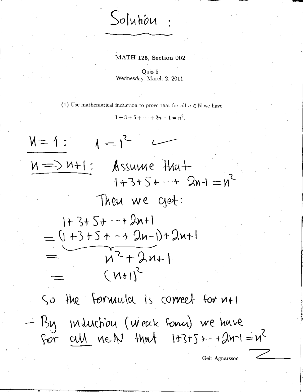 Quiz 5 Solution Mathematical Induction Discrete Mathematics I