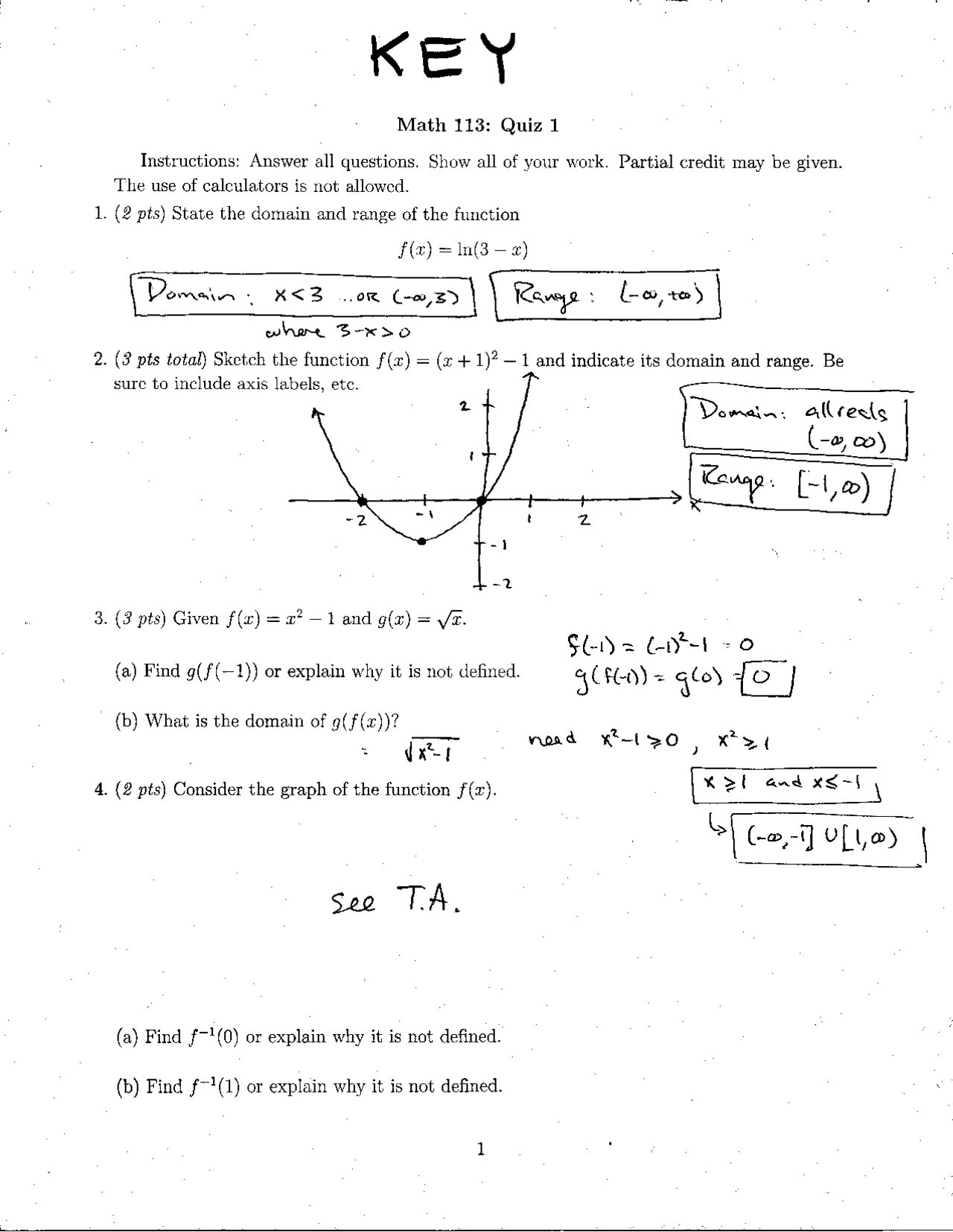 Quiz 1 Answer Key | Analytic Geometry and Calculus I | MATH 113 | Quizzes Analytical Geometry ...