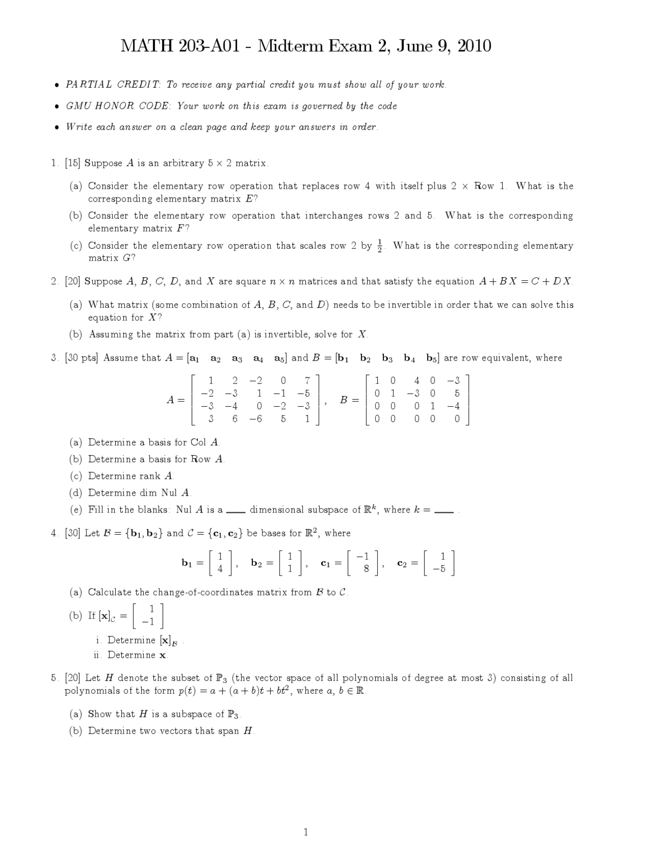 5 Solved Problems on Arbitrary Matrix - Midterm Exam 2 | MATH 203 | Exams Linear Algebra | Docsity