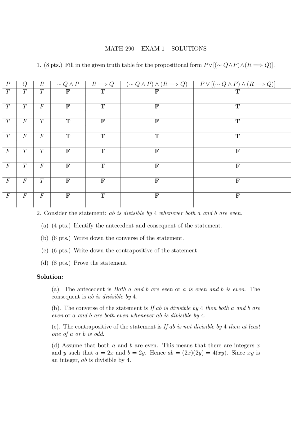 Exam 1 Solutions Introduction To Advanced Mathematics Math 290