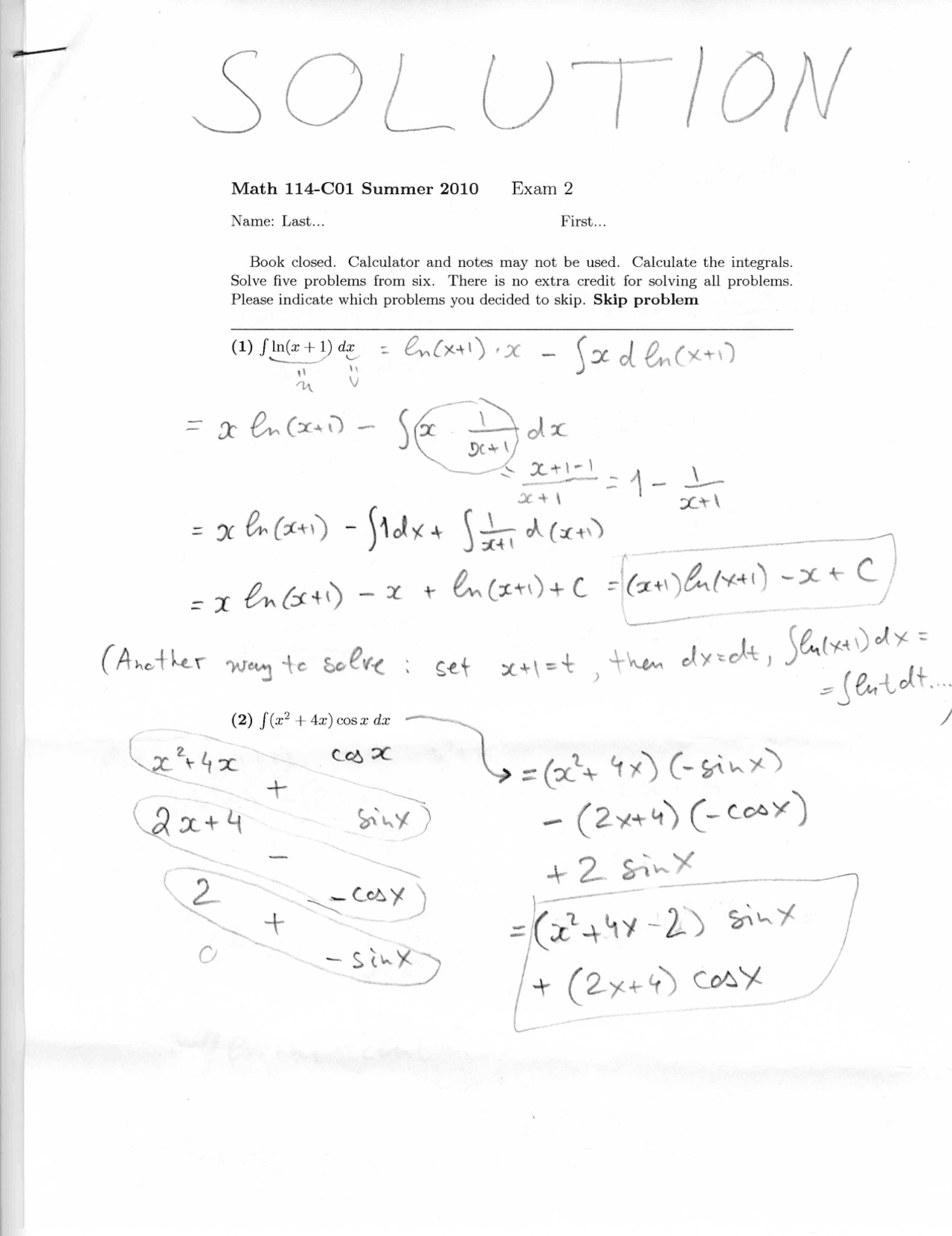 5 Questions With Solutions In Recitation Exam 2 Math 114 Docsity