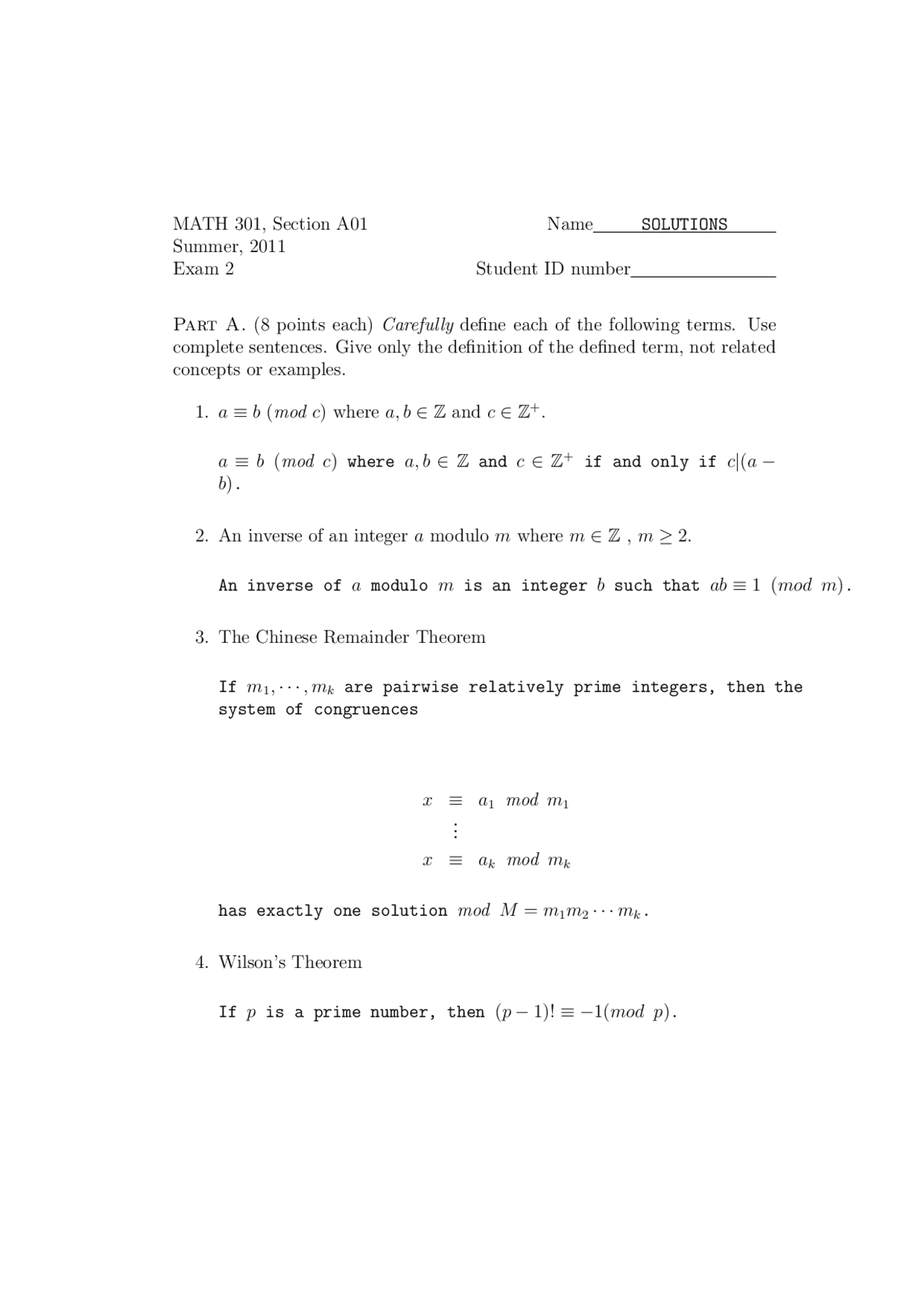 Exam 2 Problems Number Theory Math 301 Docsity