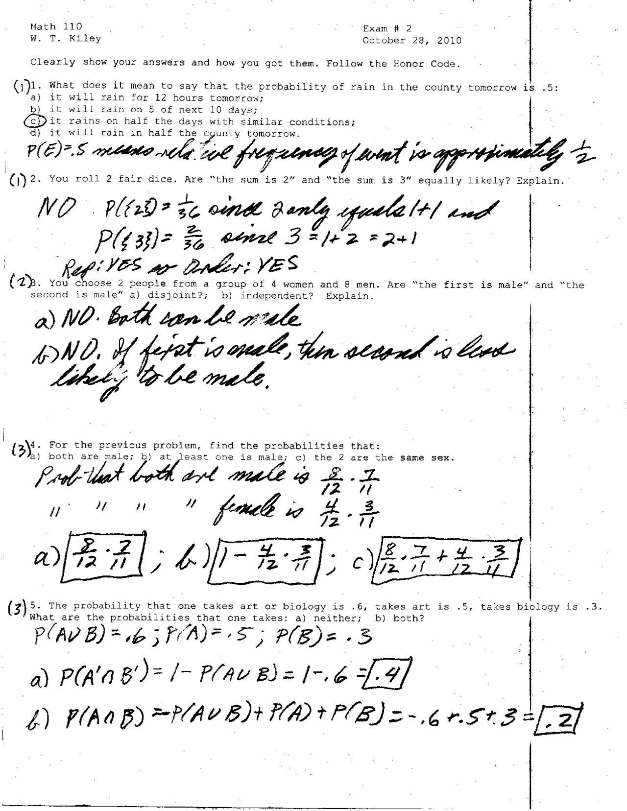 Introductory Probability - Solved Exam 2 | MATH 110 - Docsity