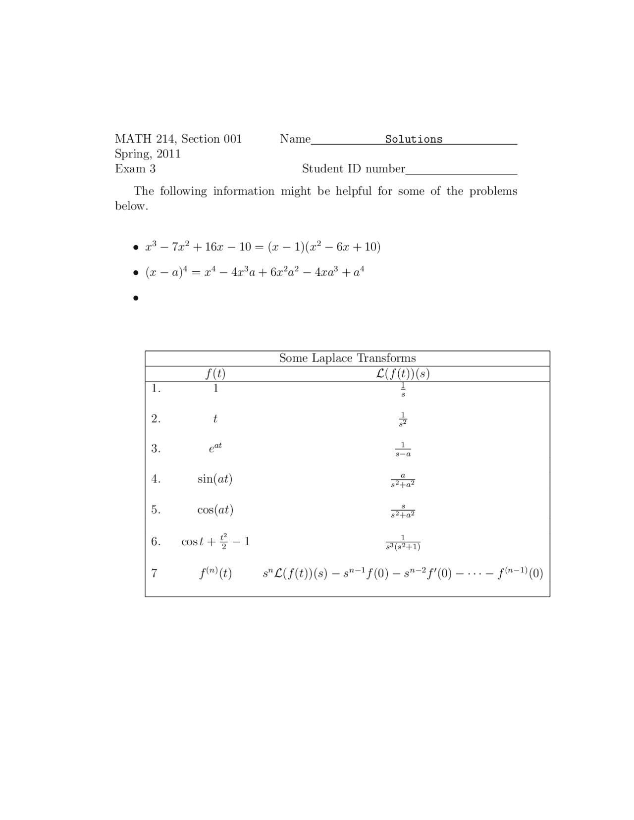 Exam 3 Questions For Solution Elementary Differential Equations