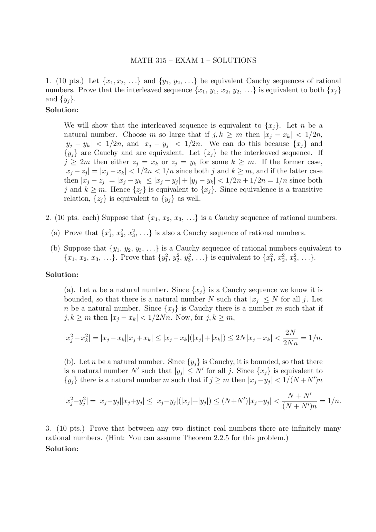 Exam 1 Questions With Solutions Advanced Calculus I Math 315 Docsity