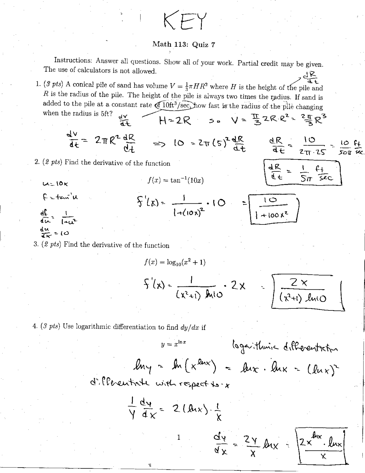 Quiz 7 With Answer Key Analytic Geometry And Calculus I Math 113
