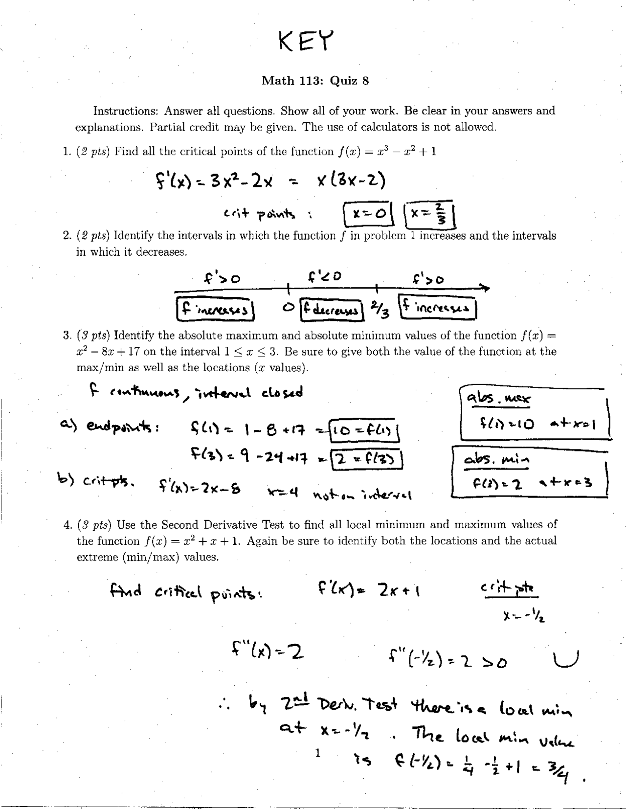 Quiz 8 Answer Key For Analytic Geometry And Calculus I Math 113 Docsity