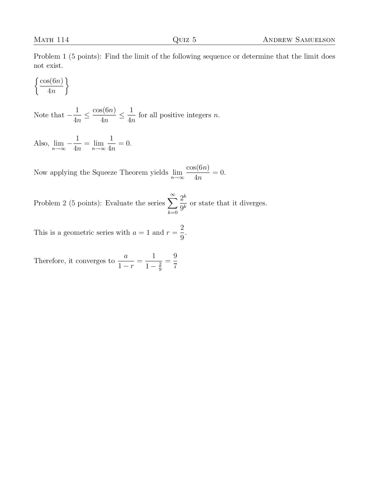 Quiz 5 With Solution For Recitation For Lecture 001 Math 114 Docsity