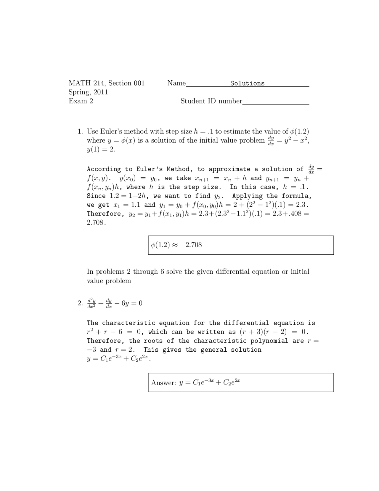 Math 214 Exam 2 Solutions Estimating Functions With Eulers Method And Solving Diff Equa