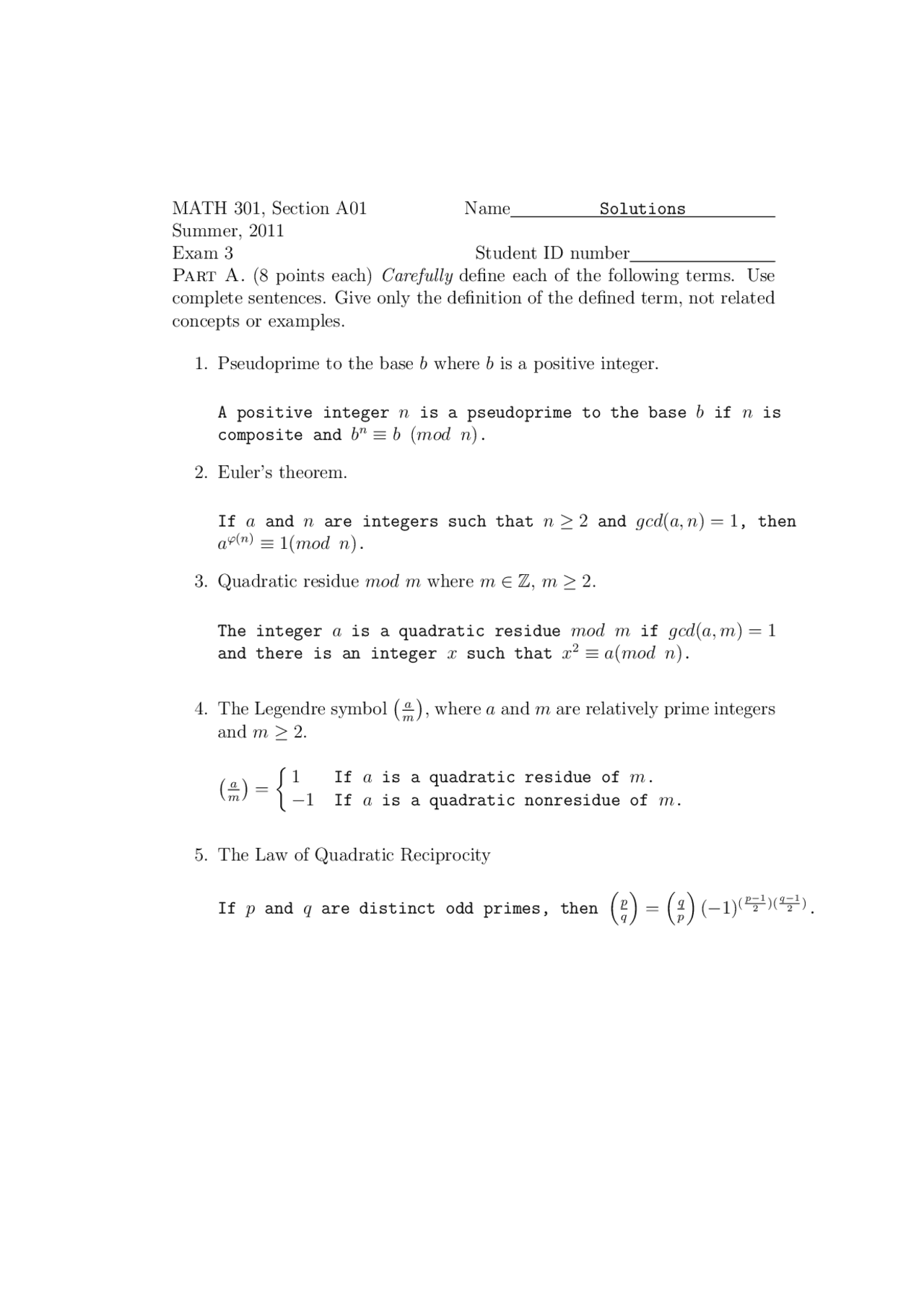 Exam 3 Problems Number Theory Math 301 Docsity