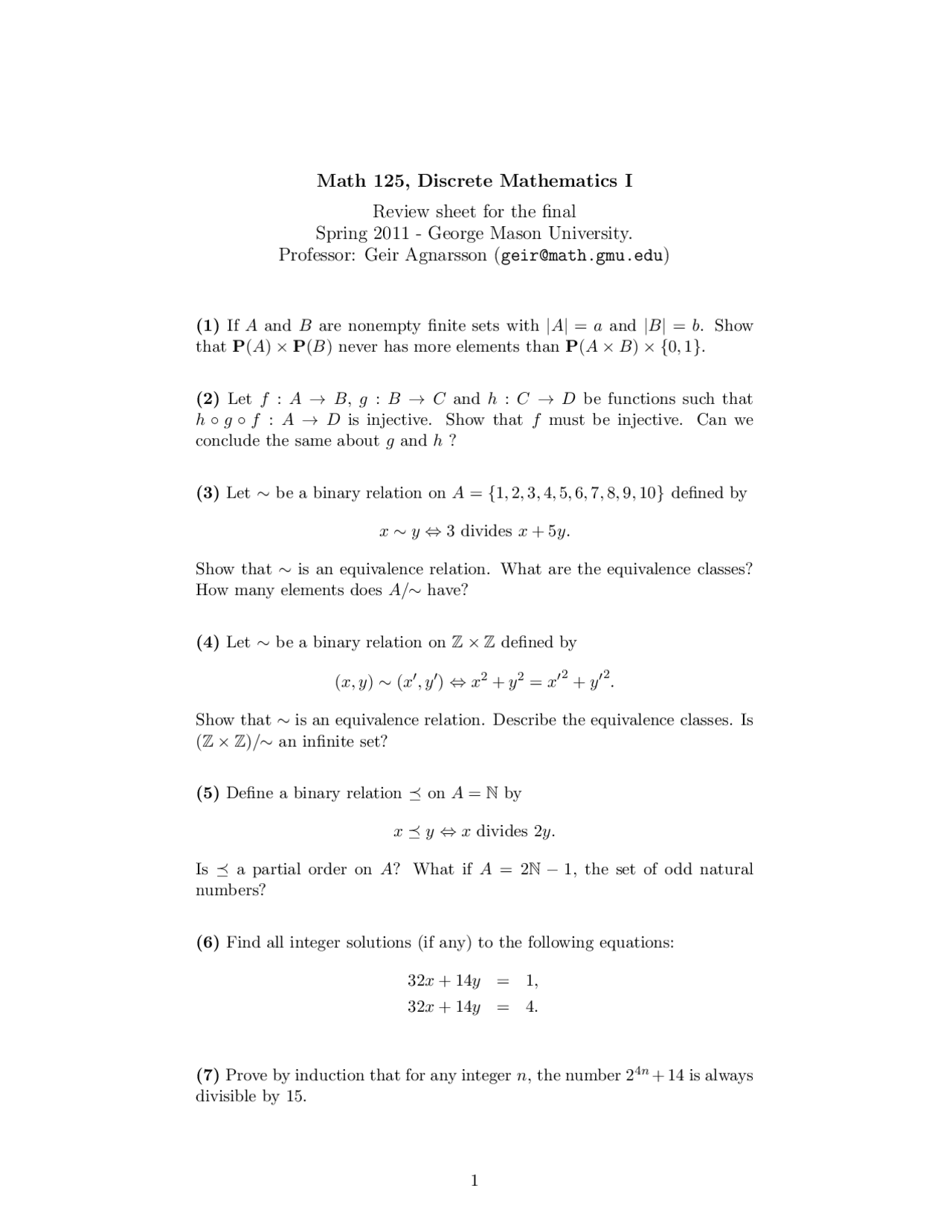 Final Review Sheet Discrete Mathematics I Math 125 Docsity