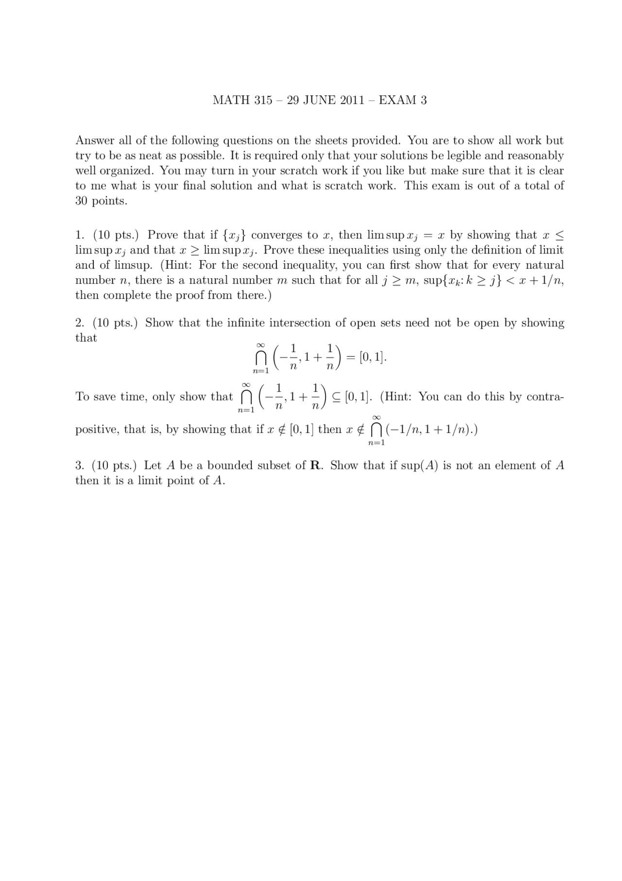 Exam 3 For Advanced Calculus I Math 315 Docsity