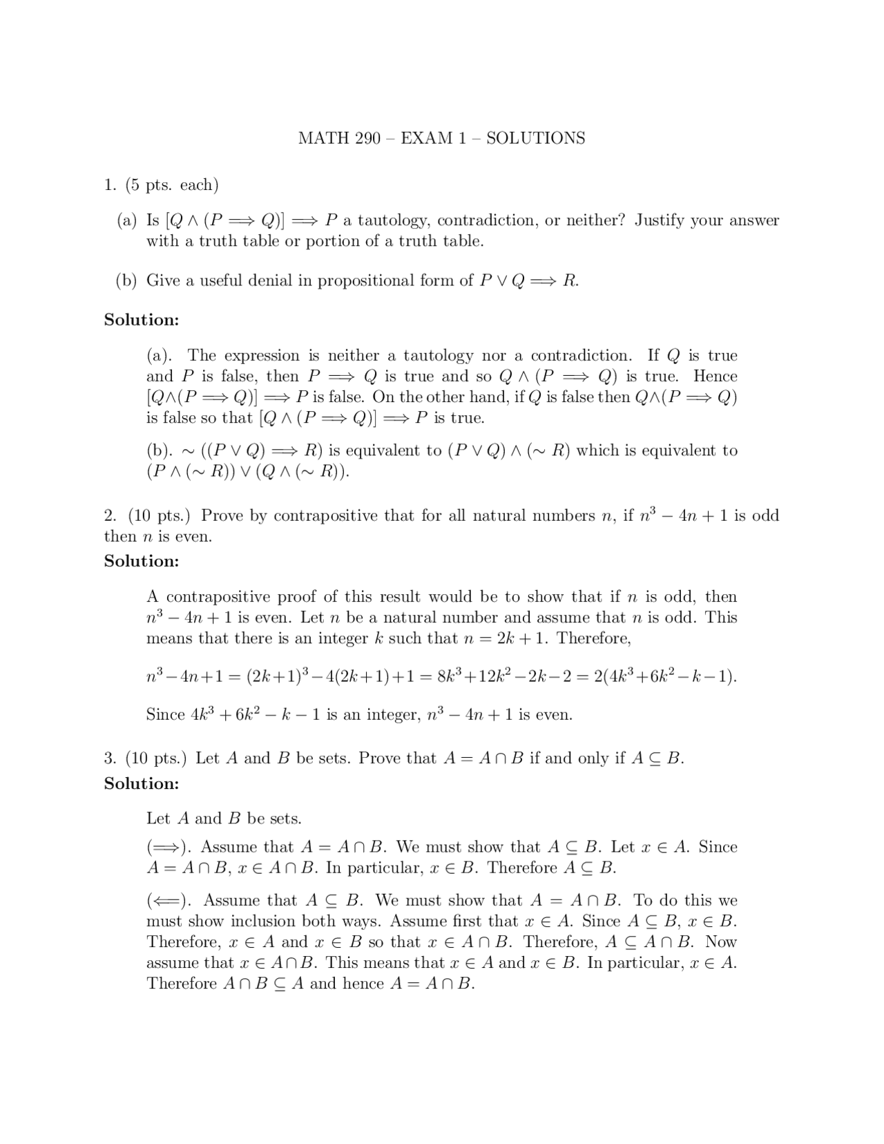 5 Questions with Solutions in Examination 1 | MATH 290 - Docsity