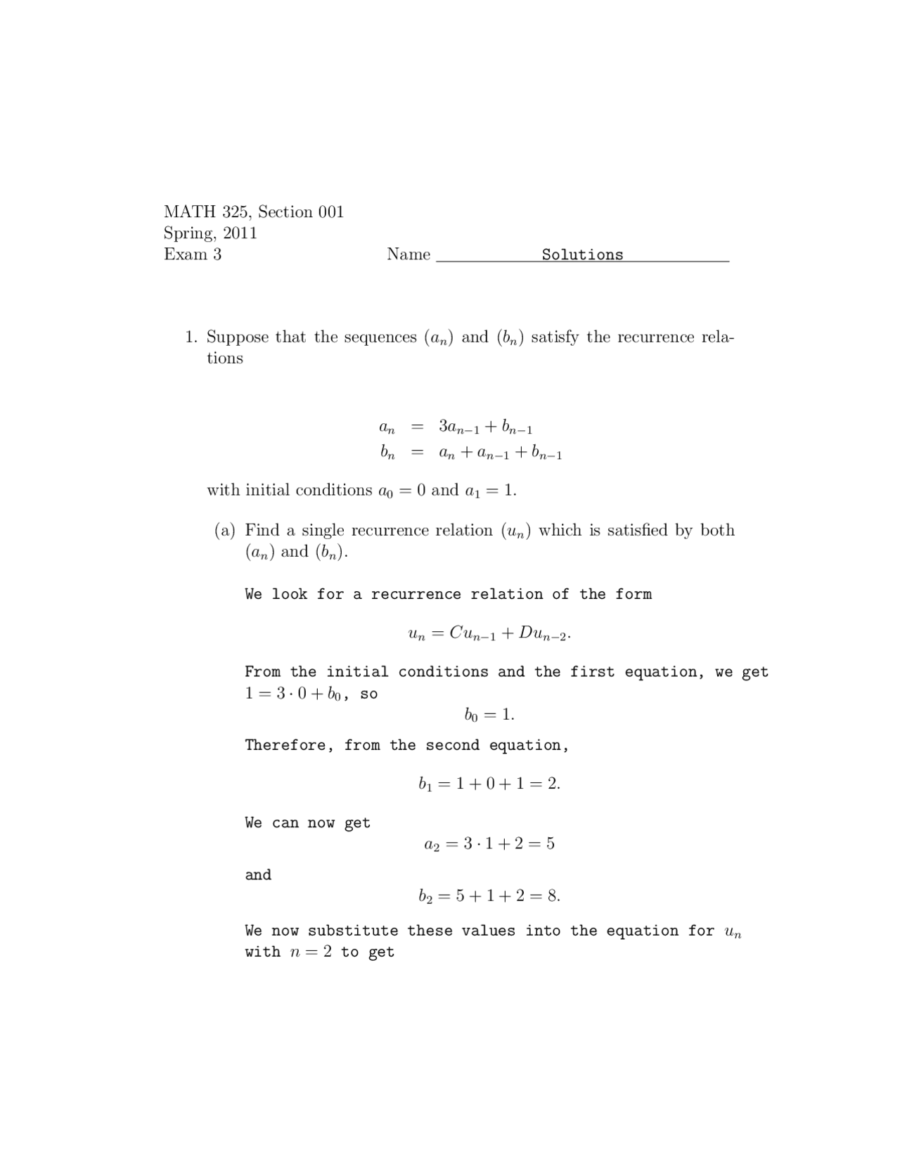 Questions With Solution Of Discrete Mathematics Ii Exam 3 Math 325