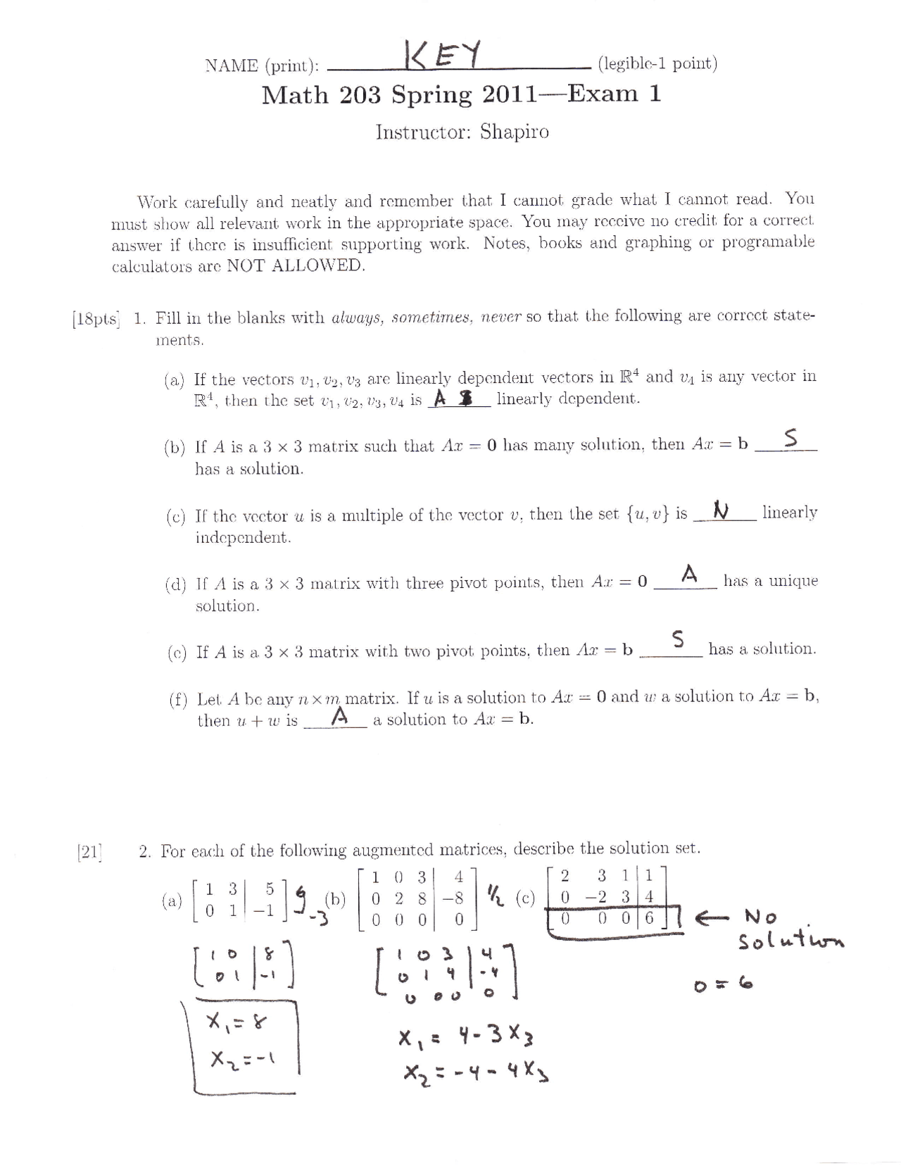 Linear Algebra Exam 1 With Solutions Spring 2011 Math 203 Docsity