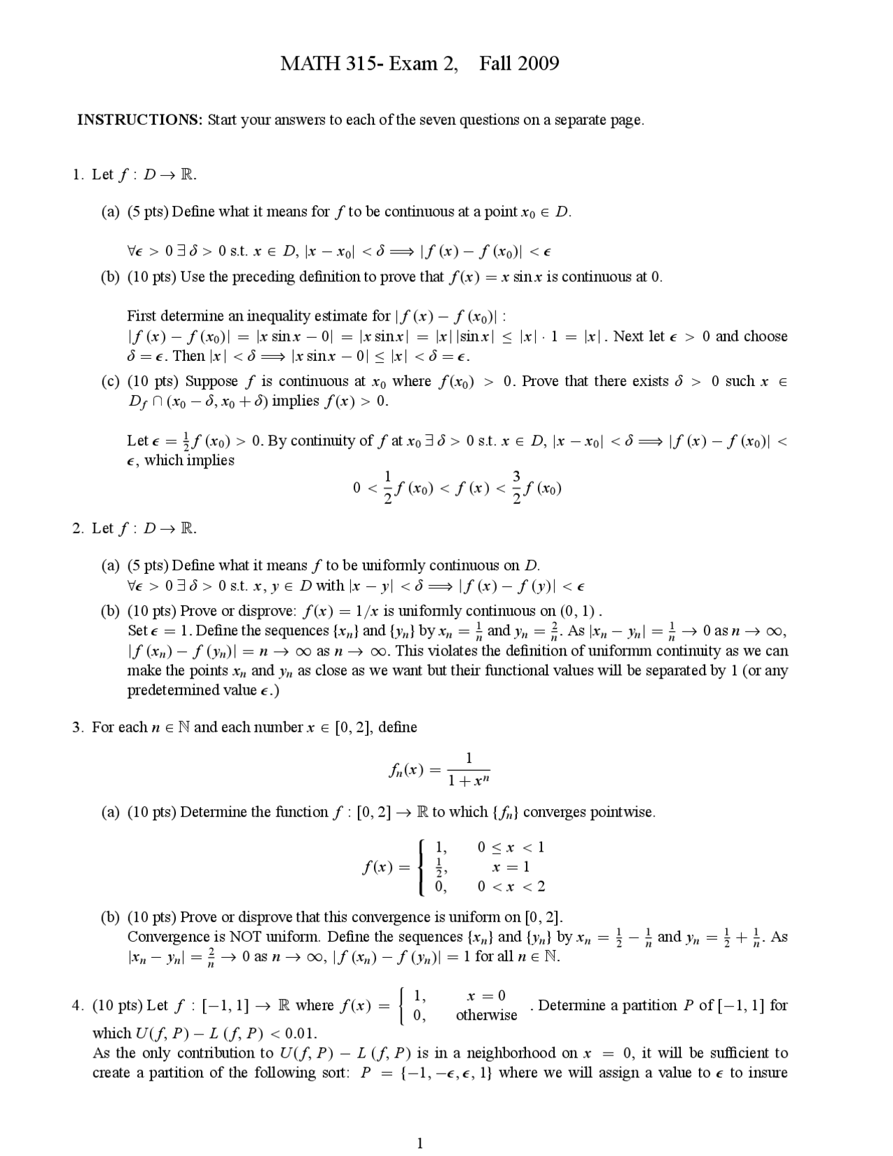 7 Questions On Advanced Calculus I Exam 2 Math 315 Docsity