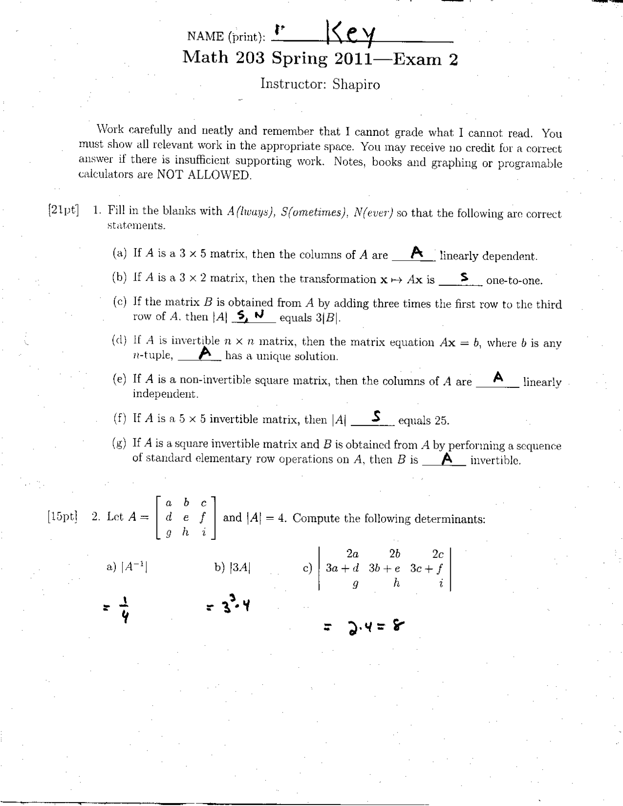 Exam 2 Answer Key Linear Algebra Math 203 Docsity