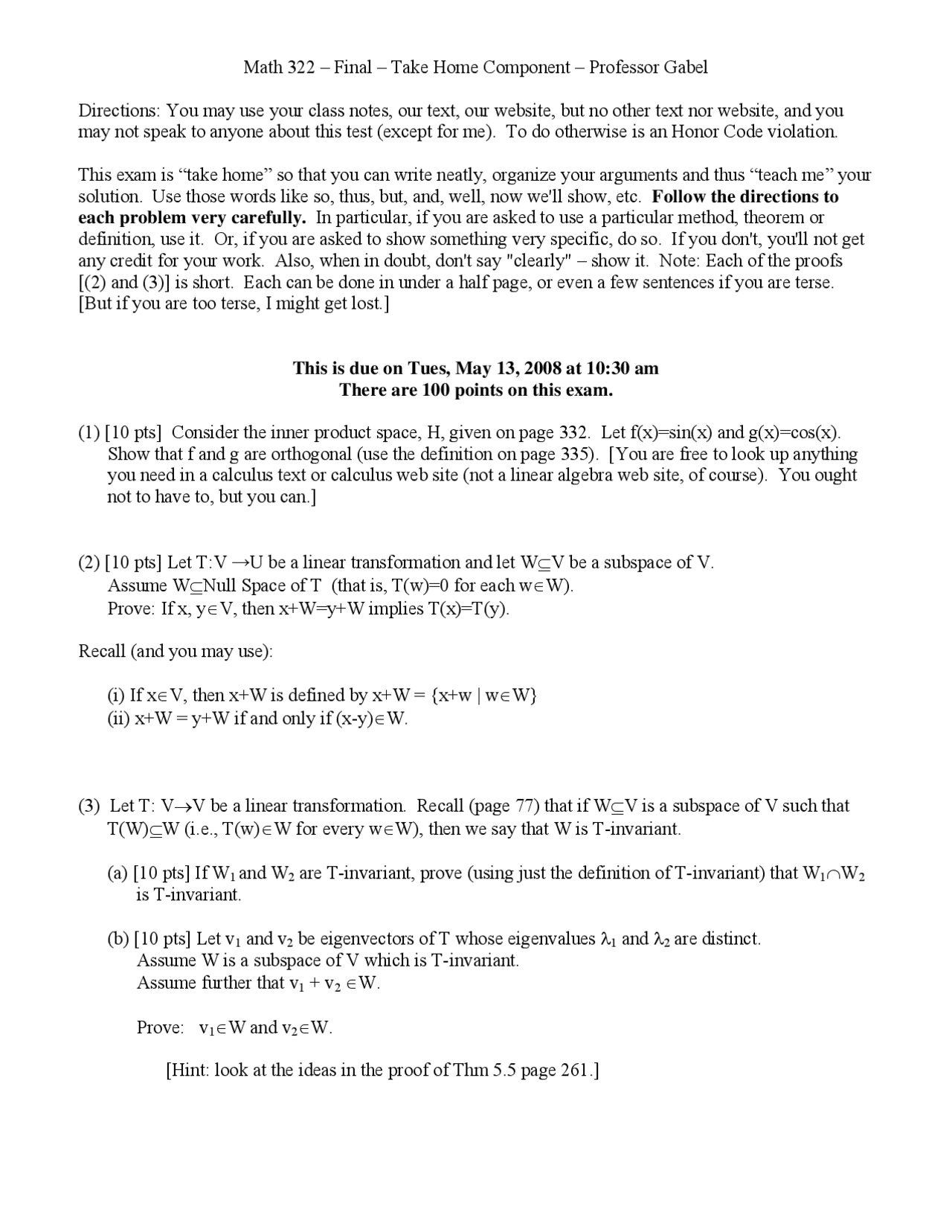 Take Home Component Final Exam - Advanced Linear Algebra | MATH 322 - Docsity