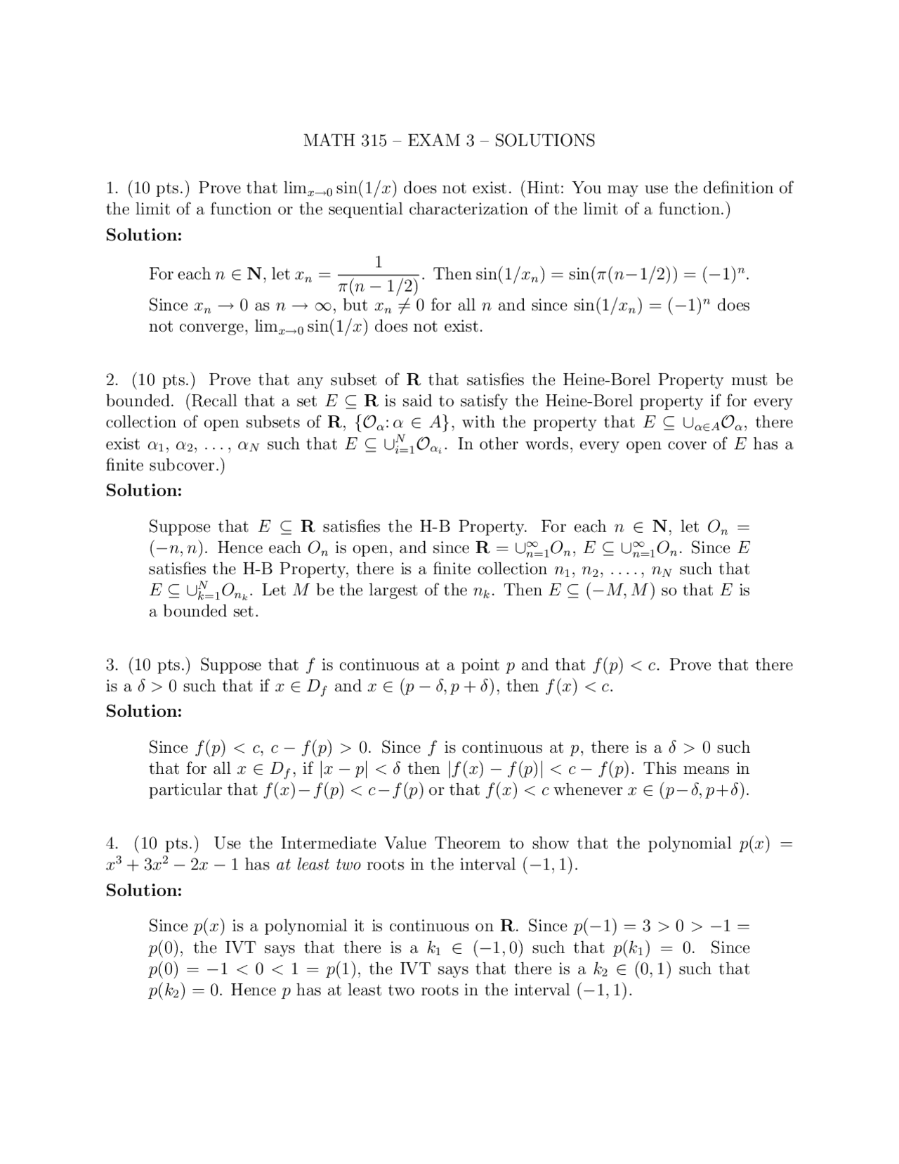 Exam 3 Solutions Advanced Calculus I Math 315 Docsity