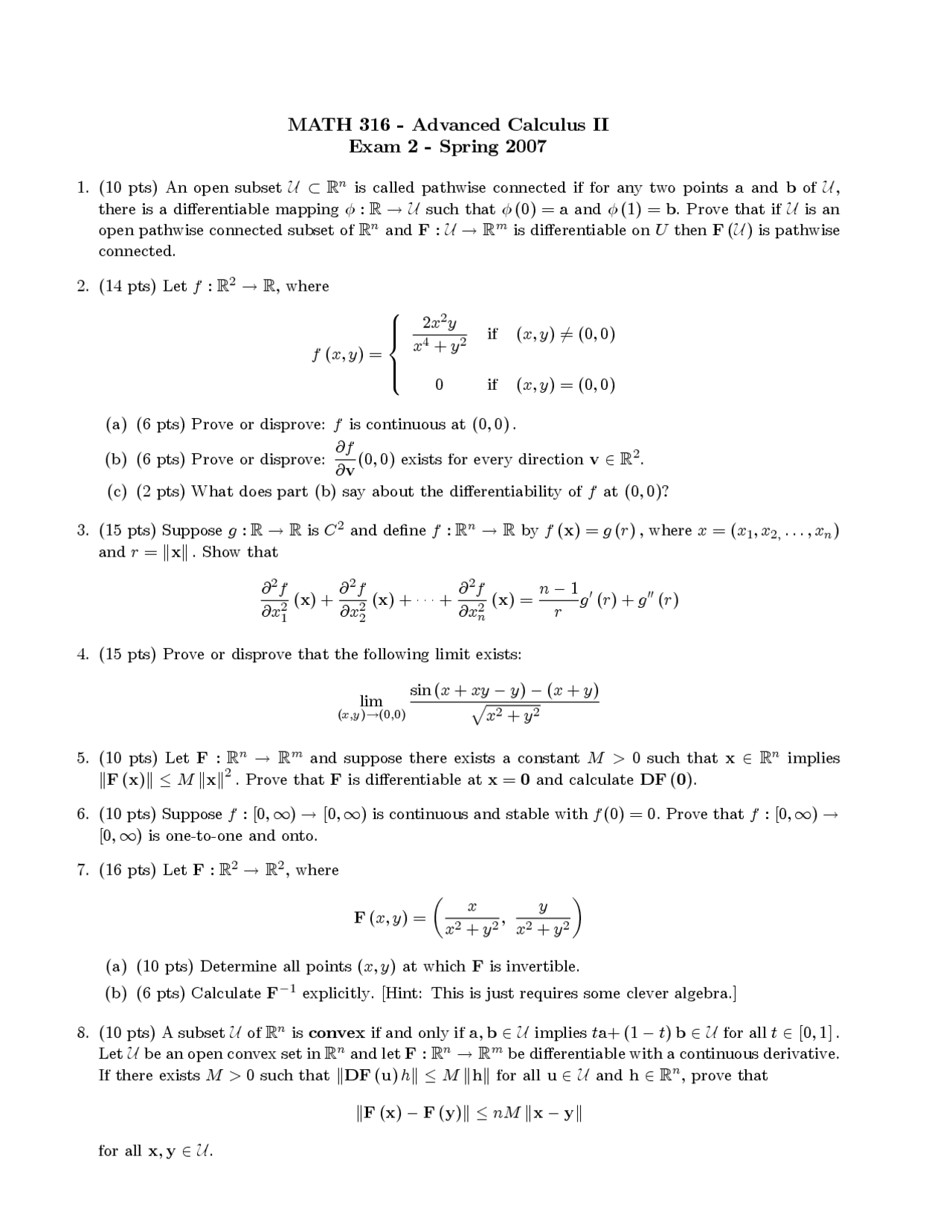 8 Questions for Exam 2 - Advanced Calculus II | MATH 316 | Exams ...