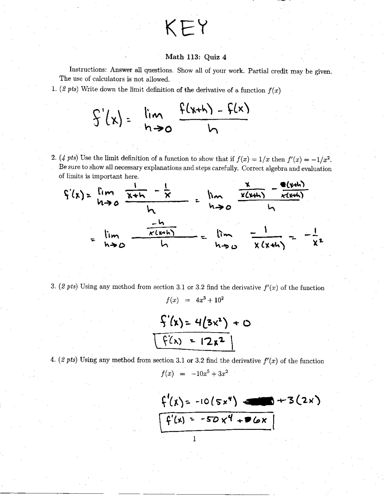 Quiz 4 with Answer Key | Analytic Geometry and Calculus I | MATH 113 | Quizzes Analytical ...