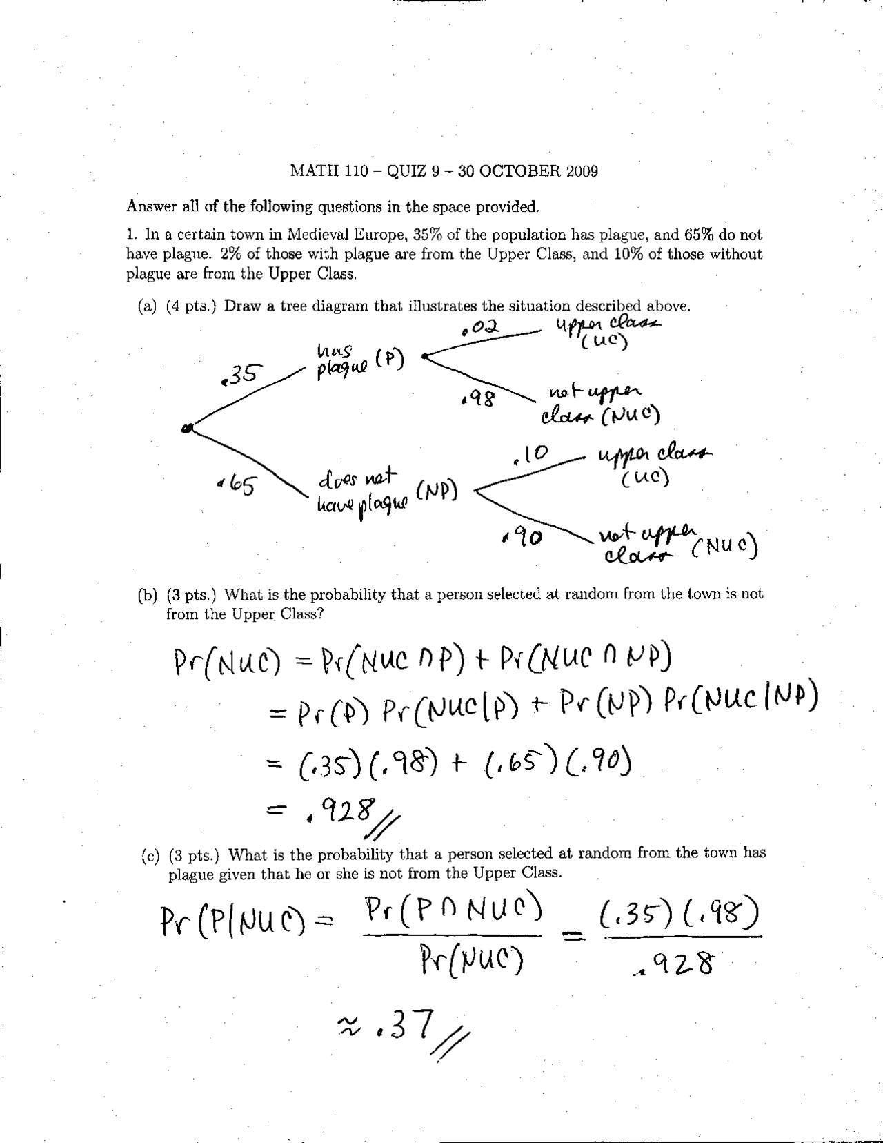 Solved Quiz 9 for Introductory Probability | MATH 110 - Docsity